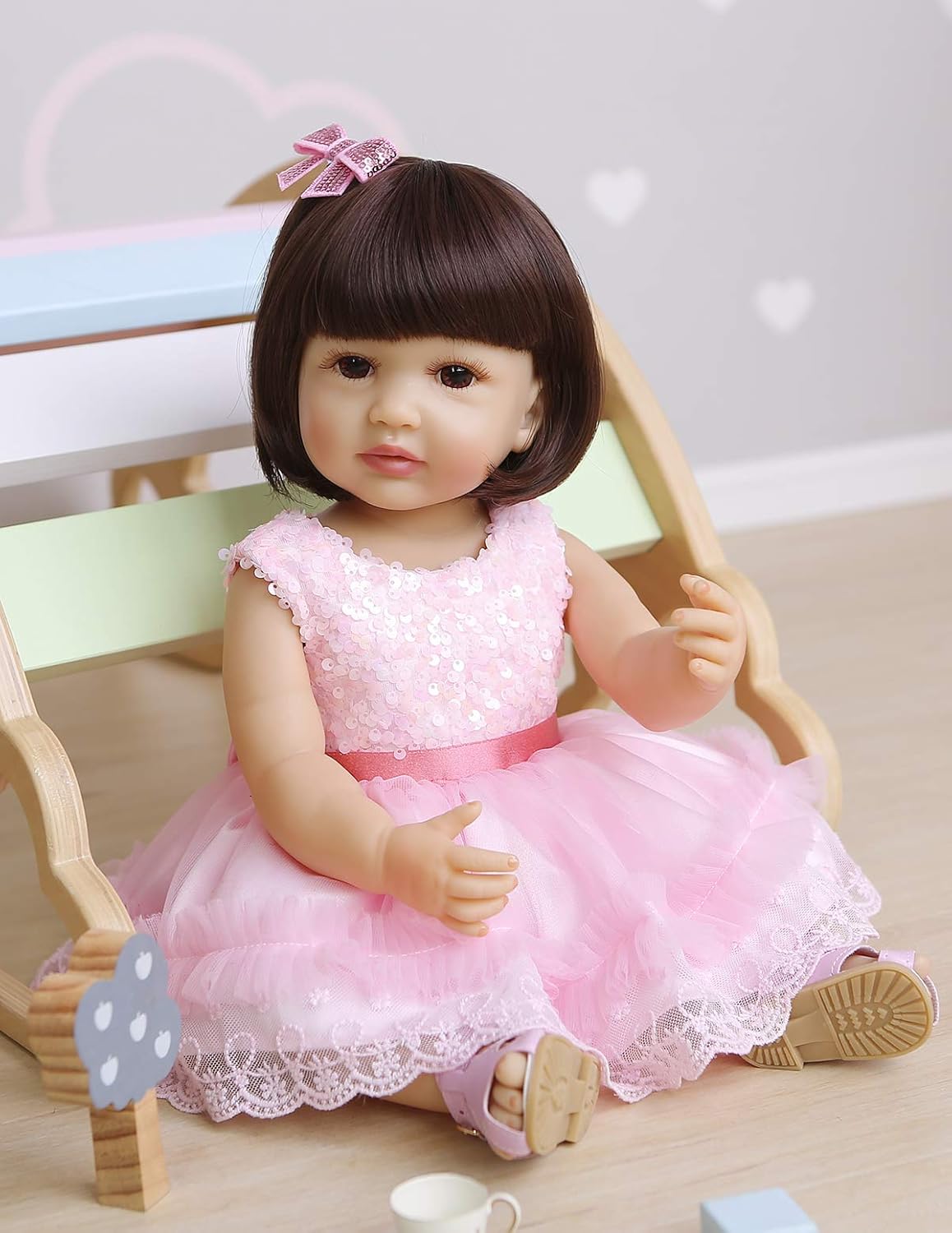 RXDOLL 22 Inch Reborn Baby Dolls Silicone Vinyl Full Short Hair Pink