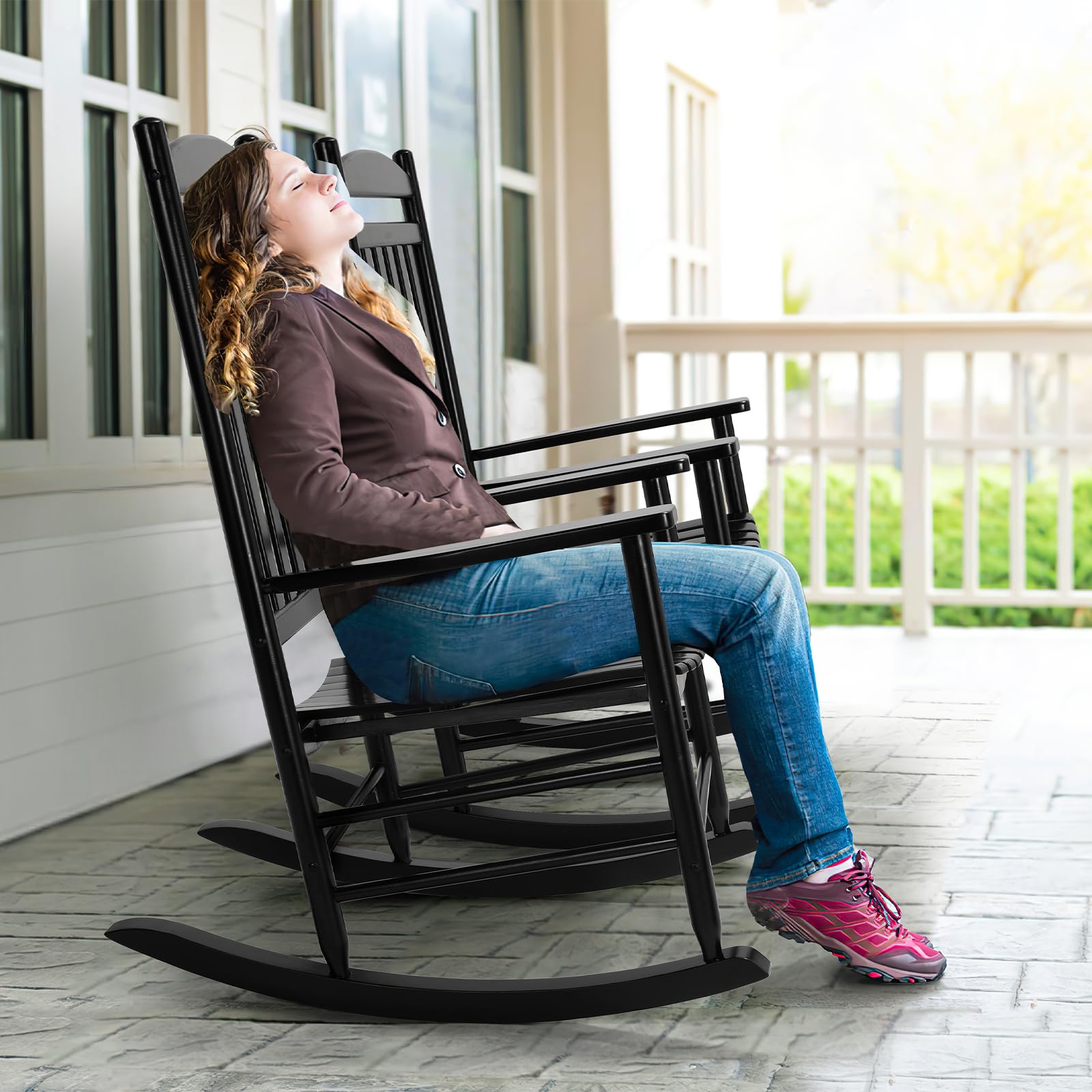 Amazon.com: MAMIZO Soild Wood Outdoor Rocking Chair with High Back ...