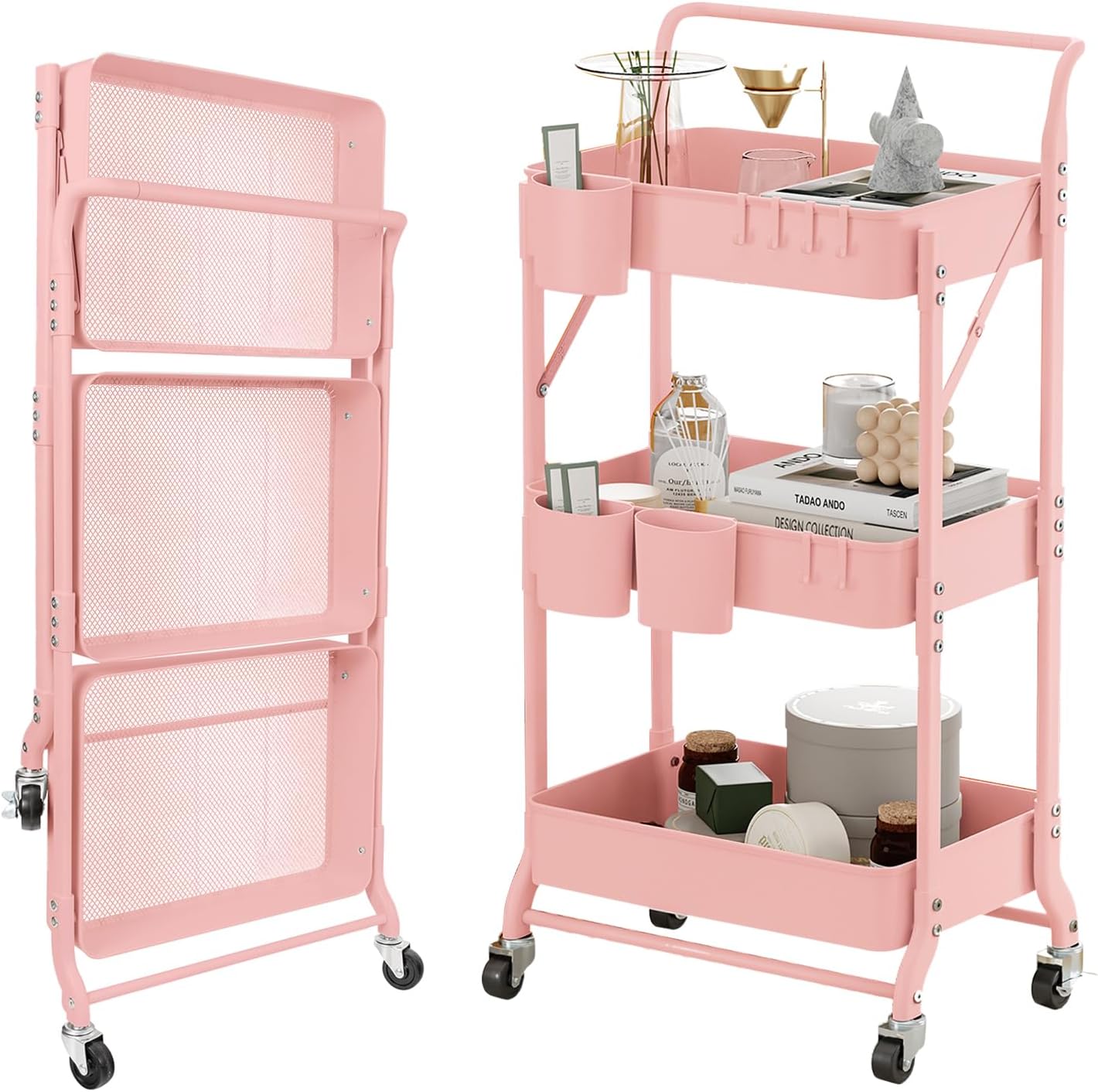 Amazon.com: 3 Tier Foldable Rolling Cart with Wheels, Folding Utility Cart Organizer ...
