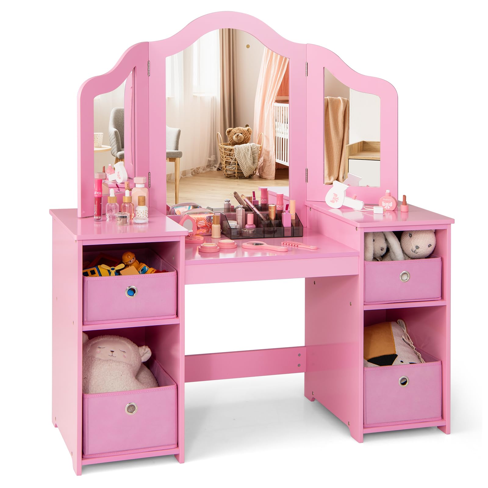 COSTWAY Kids Dressing Table with Tri-Folding Detachable Mirror, 4 ...