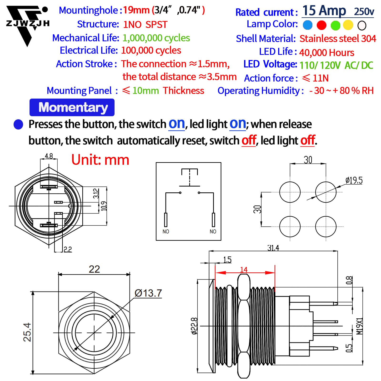 Snapklik.com : UL Listed 15Amp 19mm Momentary Push Button Switch, IP67 ...