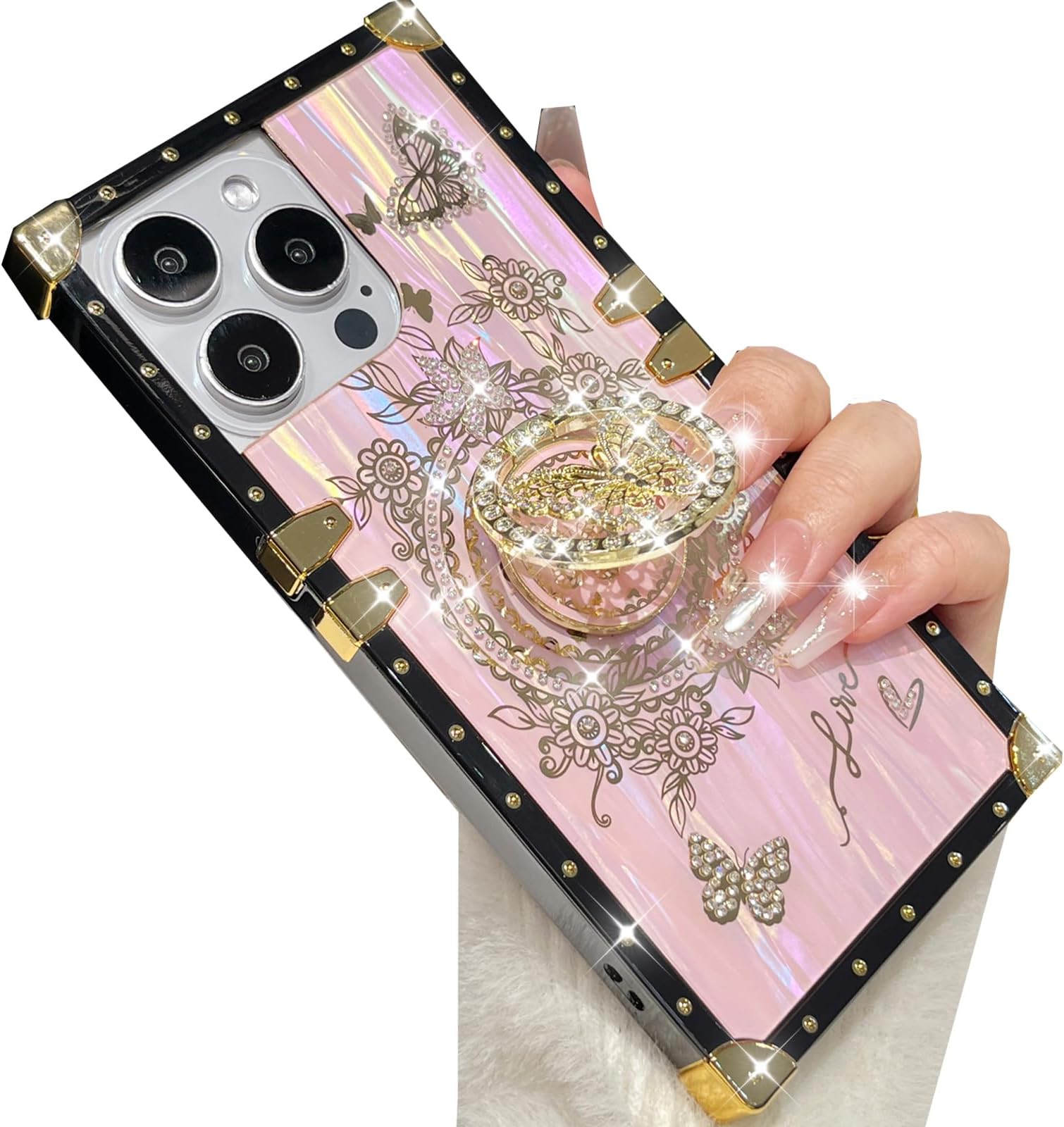 Amazon.com: AuroiCYY for iPhone 16 Pro Max Butterfly Stand Case, Glitter Bling Foldable ...