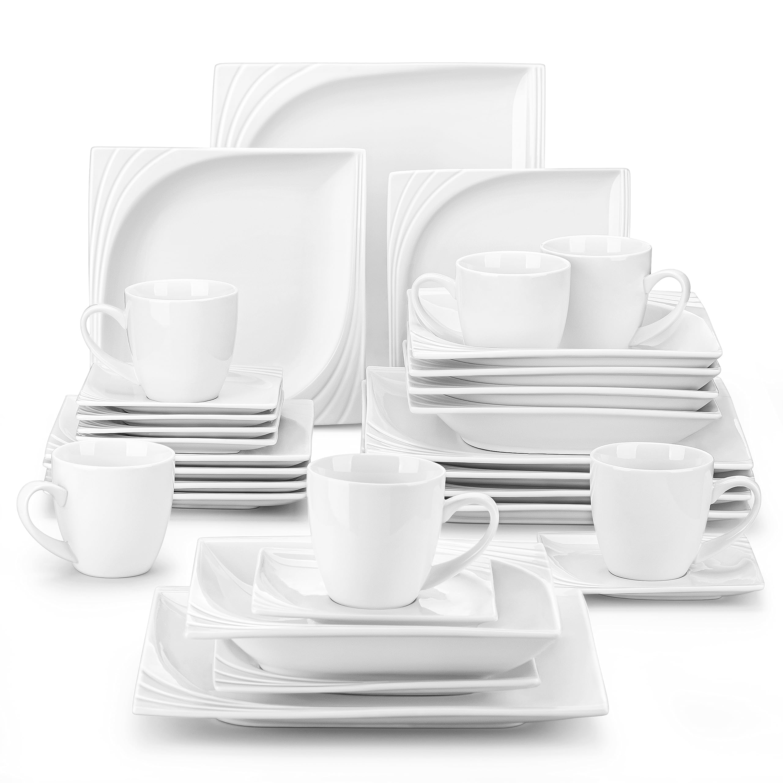 MALACASA Dinner Sets for 6 People, 30-Piece Square Plates and Bowls Set ...