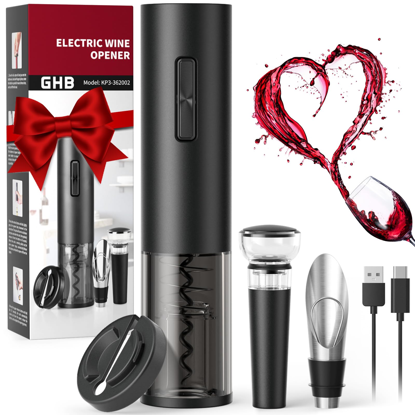 GHB Electric Wine Bottle Opener, Automatic Wine Opener Rechargeable Corkscrew Opener with Foil ...