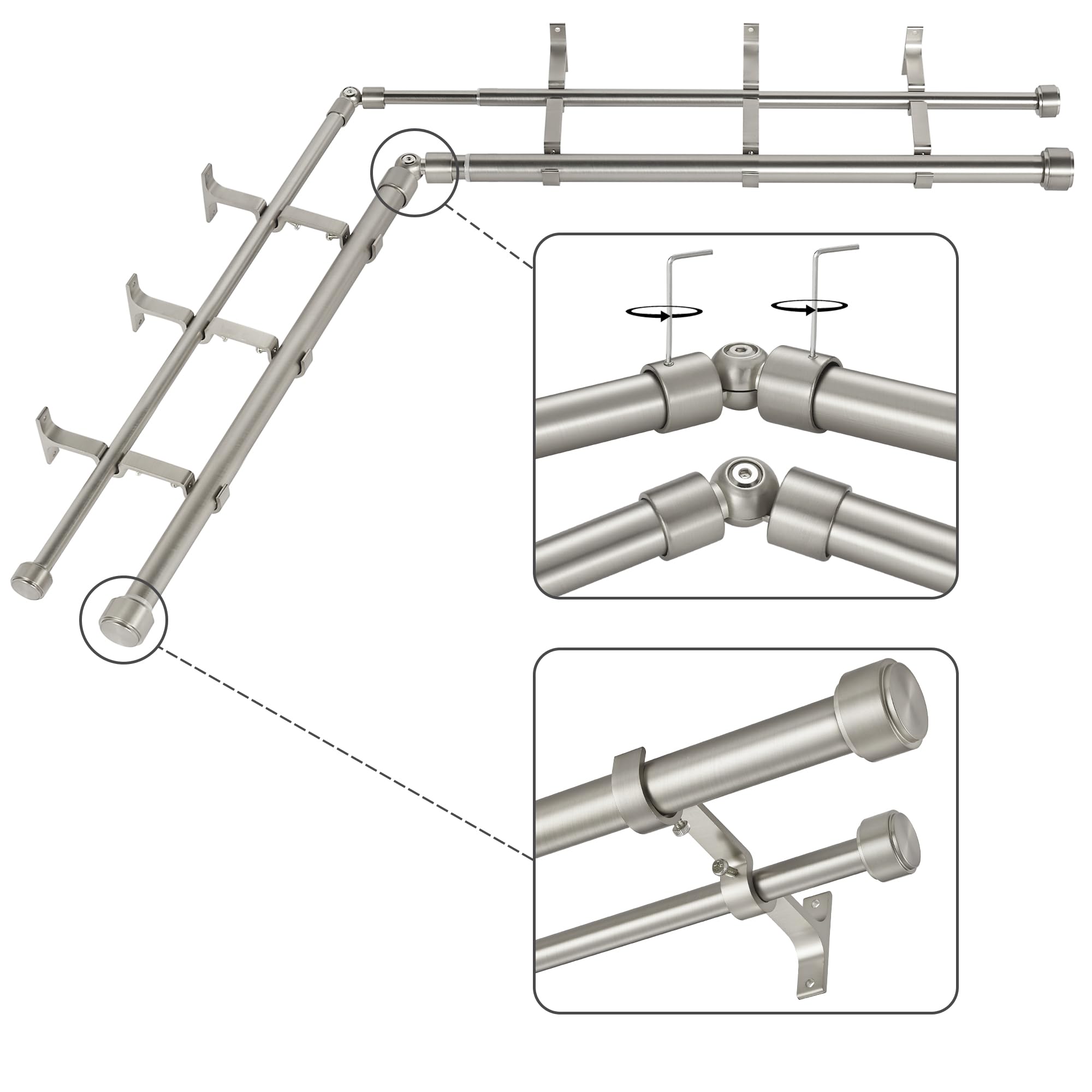 Snapklik.com : Mayrhyme Brushed Nickel Double Corner Window Curtain Rods