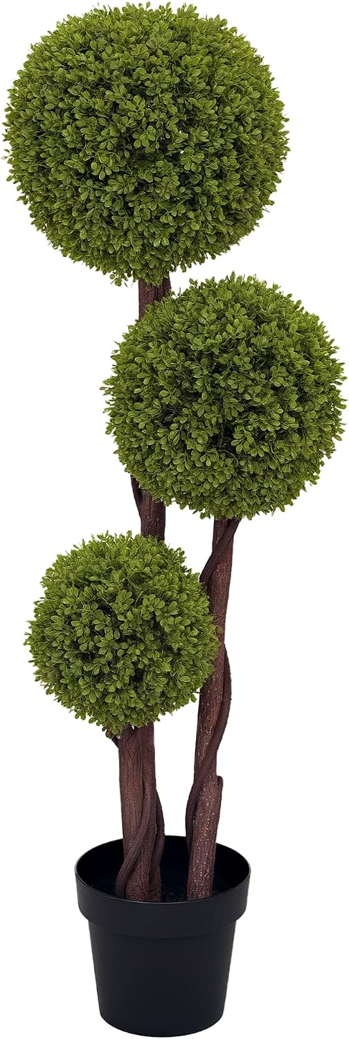 HOMCOM 3.8FT Artificial Boxwood Topiary Tree, Potted Fake Plant, Triple ...