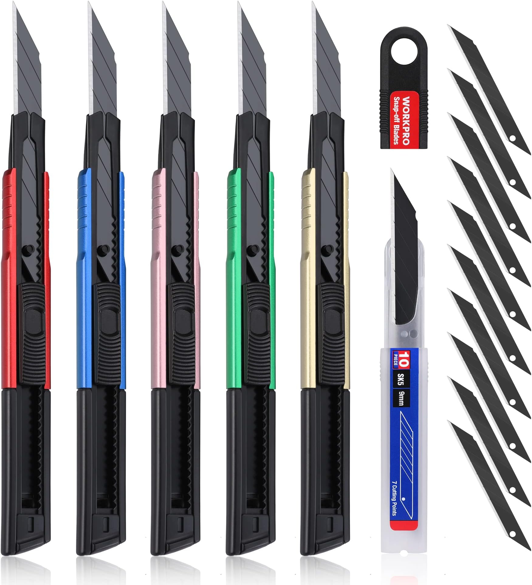 WORKPRO Lot de 5 Cutters Professionnels en Alu, Cuter Rétractable 9mm ...