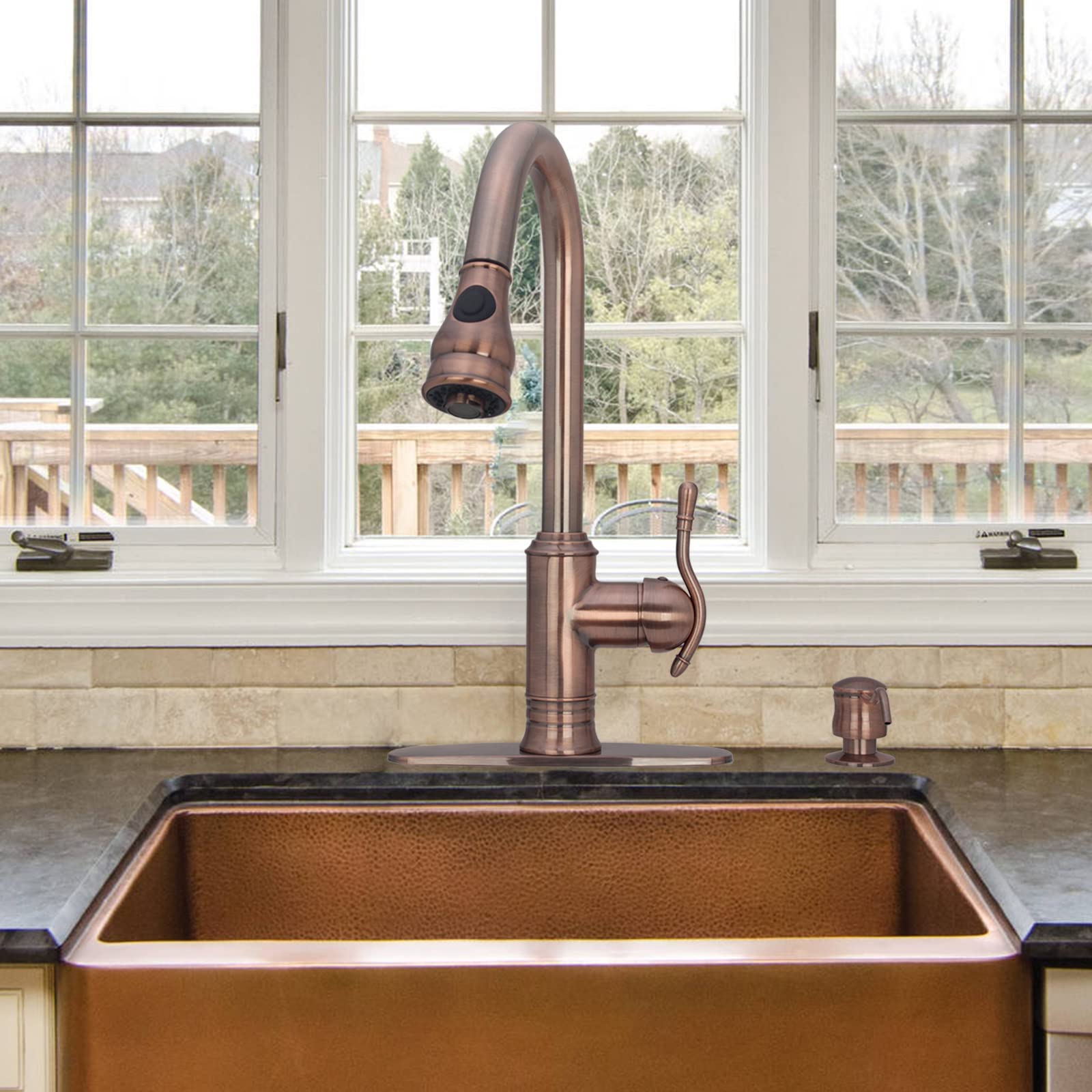 Akicon Antique Copper Pull Out Kitchen Faucet, Single Level Solid Brass ...