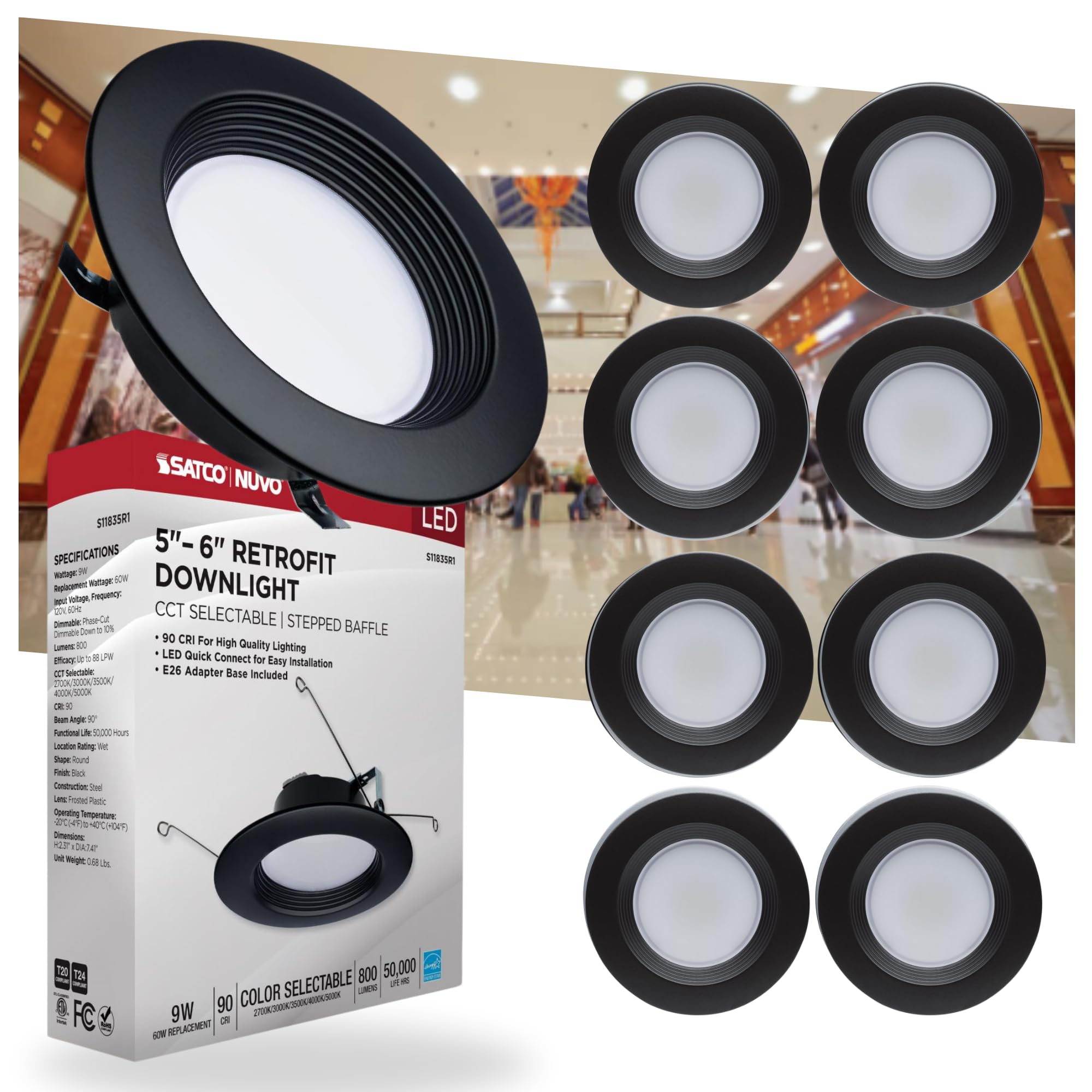 Satco 8 Fixtures S11835R1, 9 Watt; Dimmable LED Downlight Retrofit; 5.6 ...