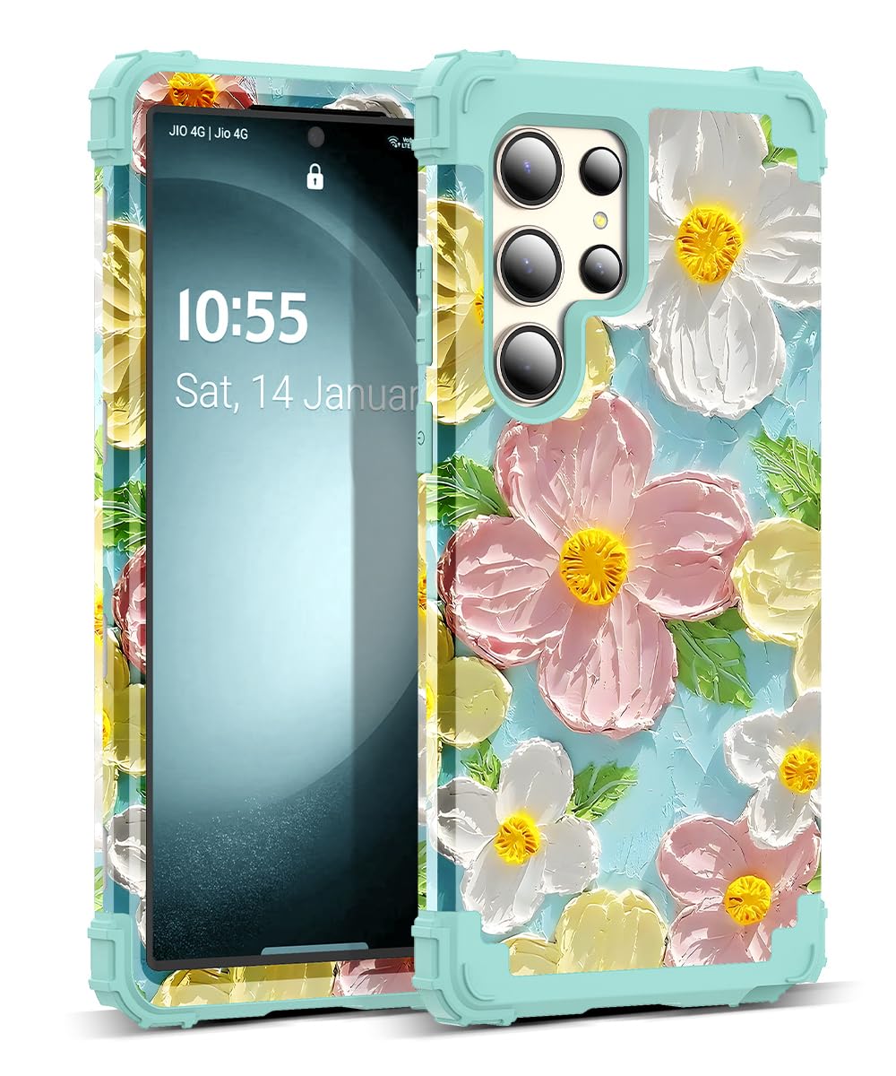 Amazon.com: SleekCover for Galaxy S23 Ultra Case,3 in 1 Oil Painting Flower Pattern Heavy Duty ...