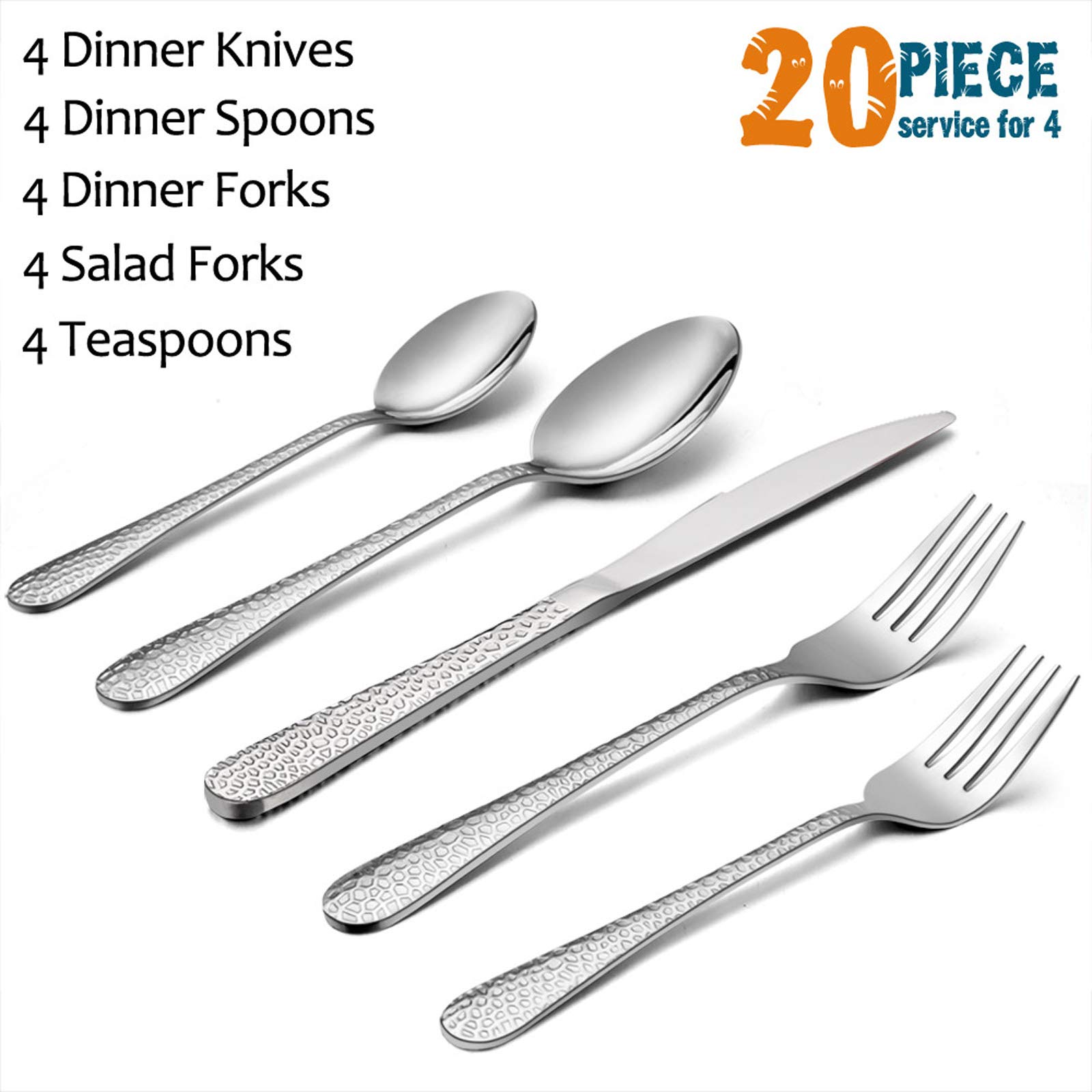 Snapklik.com : Hammered Silverware Set For 4, E-far 20-Piece Stainless ...