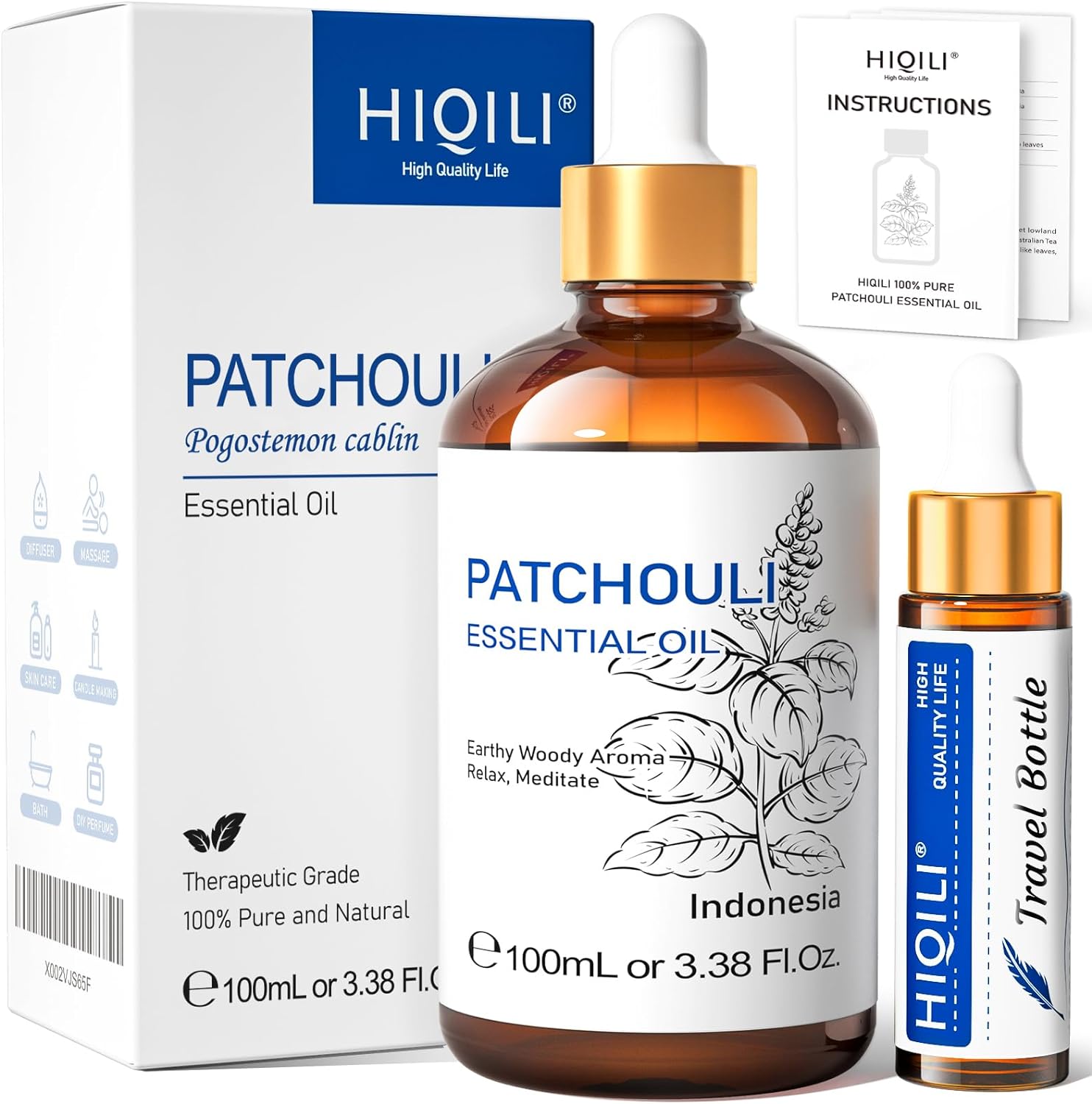 HIQILI Patchouli Essential Oil 100ML, Pure Natural Patchouli Oil for Perfume Making, Diffuser ...