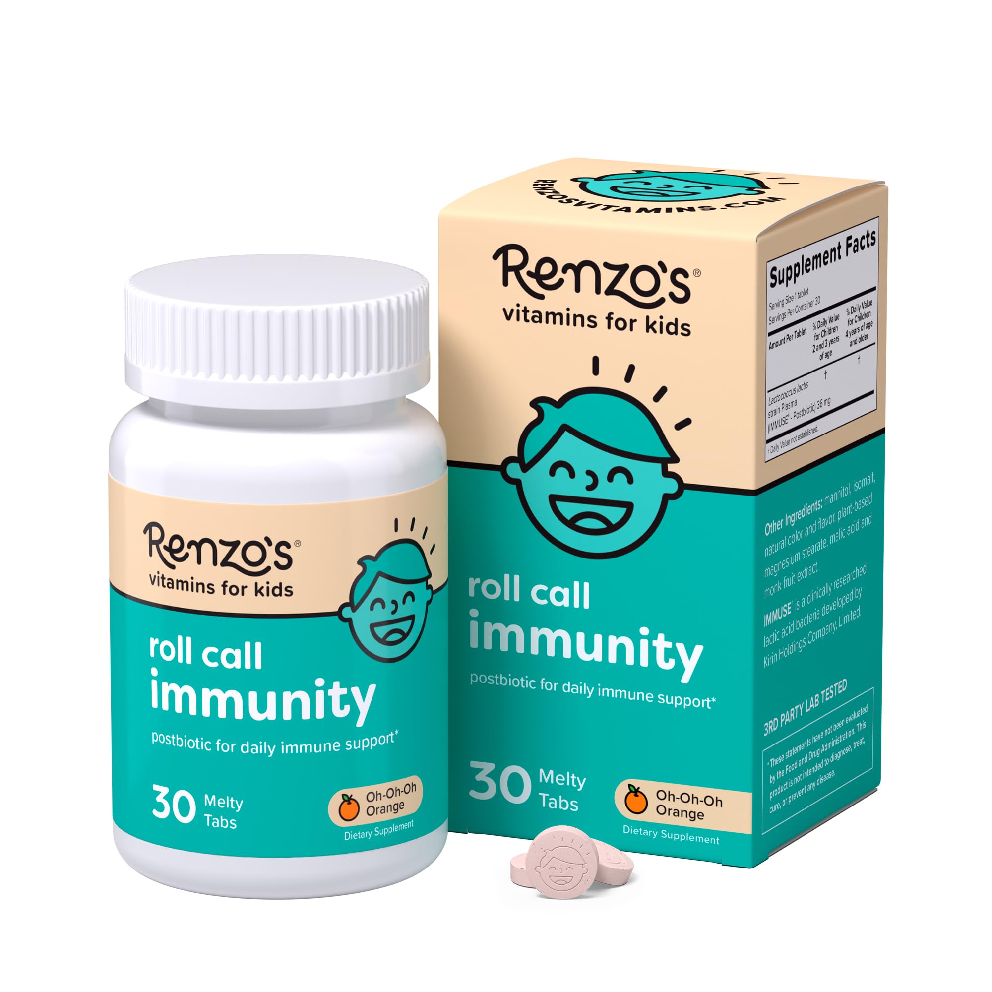 Renzo's Roll Call Immunity, Daily Postbiotic, Dissolvable Kids Immune ...