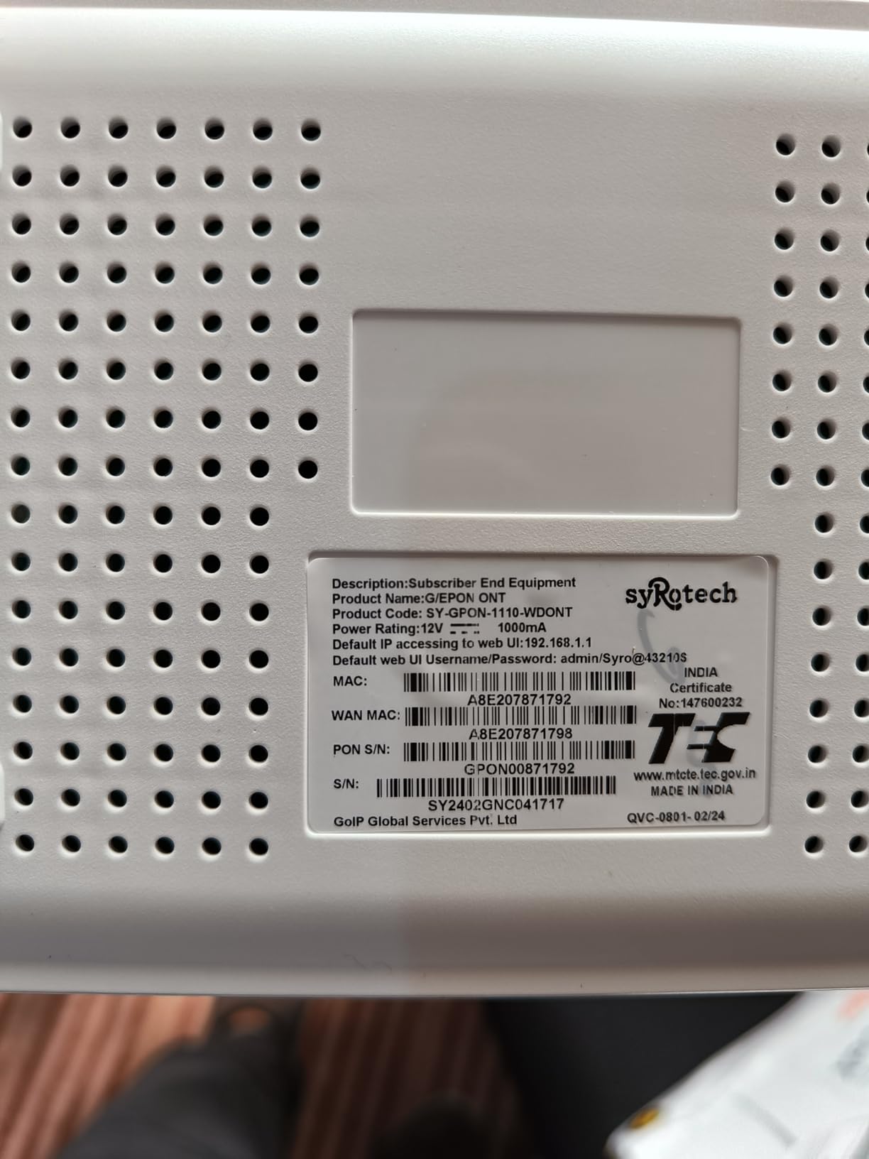 Syrotech GPON Optical Network Unit with 1 GE port, 1 FE Port, 1POTS and ...