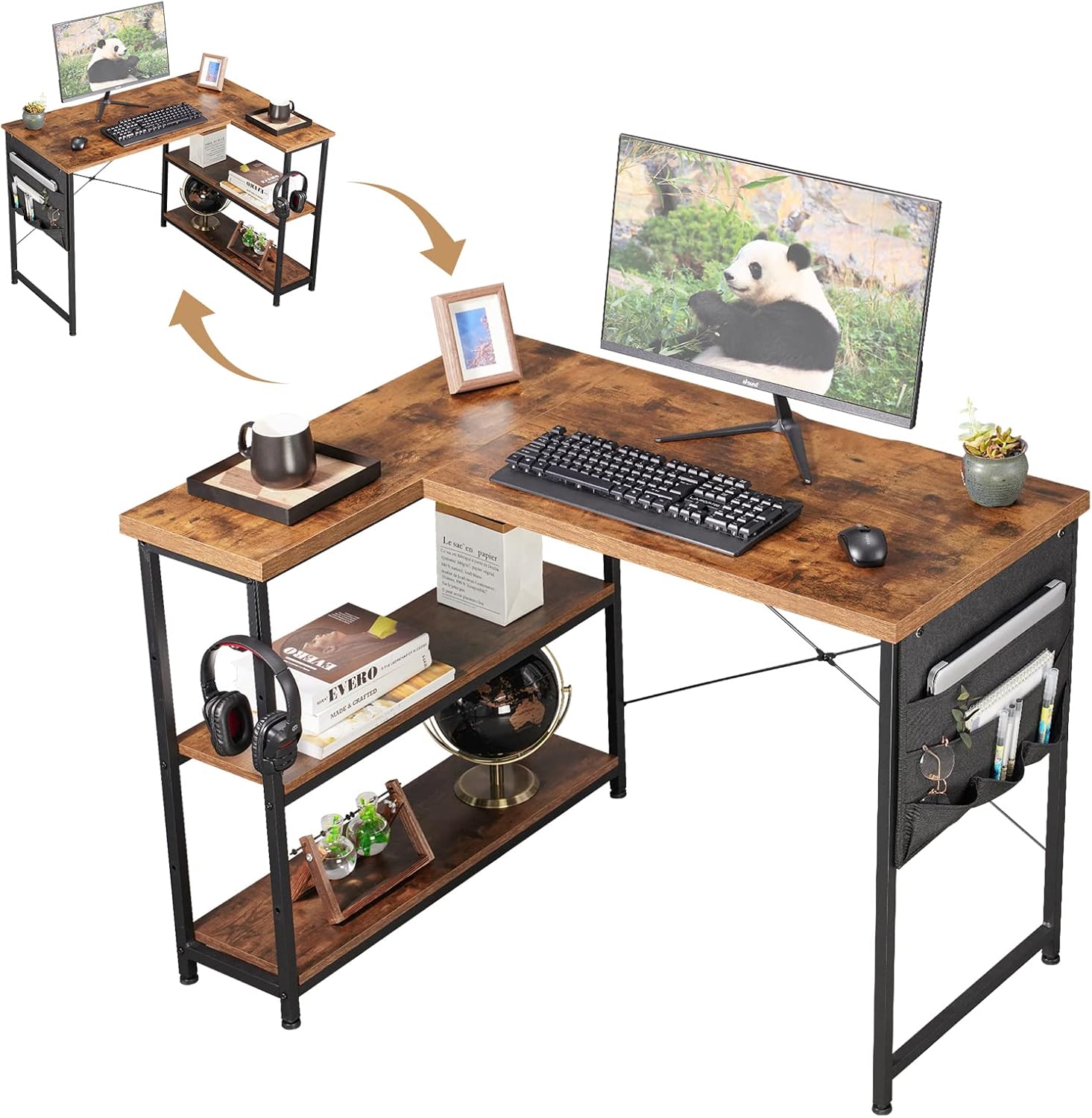 Amazon.co.jp: YeTom pcデスク パソコンデスク 机 l字デスク 右棚左棚 桌子 幅107cm desk コーナーデスク つくえ 棚板高さ調節可能 収納袋付き L字型 作業机 ...