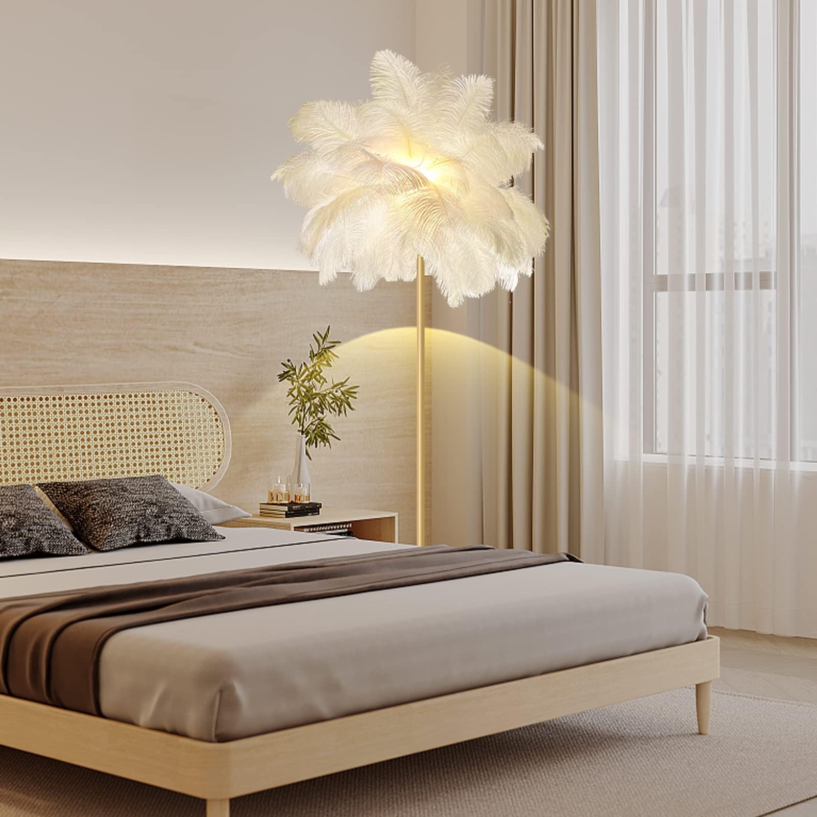 Modern and Chic Real Grey Feather Standard Floor Lamp with Satin Nickel ...