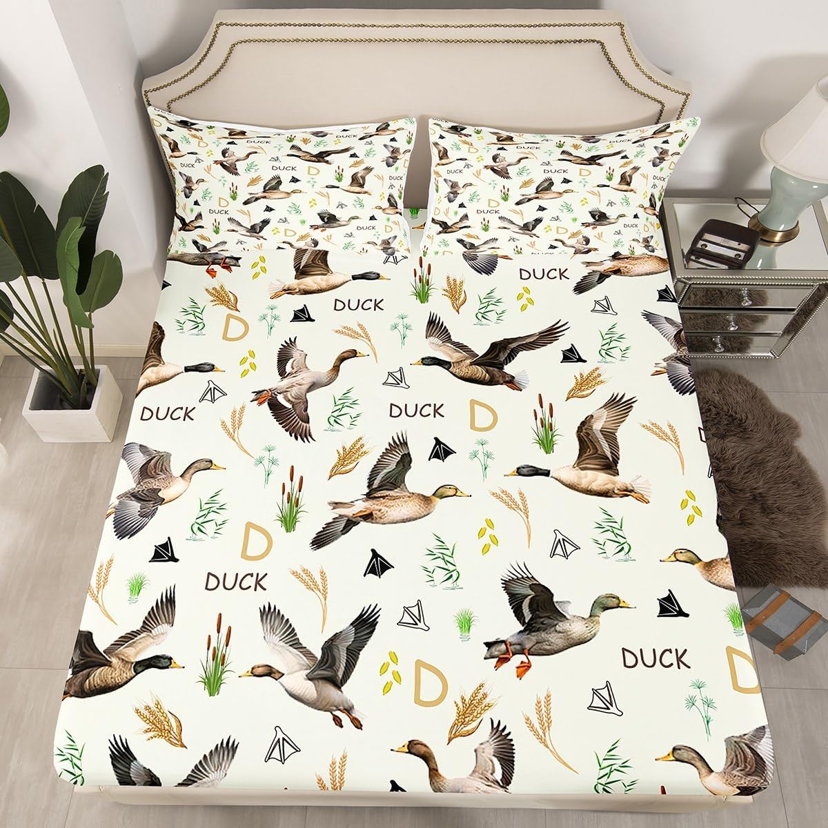 Amazon.com: Feelyou Mallard Duck Fitted Sheet Twin, Hunting and Fishing Bed Sheet Set Green Duck ...