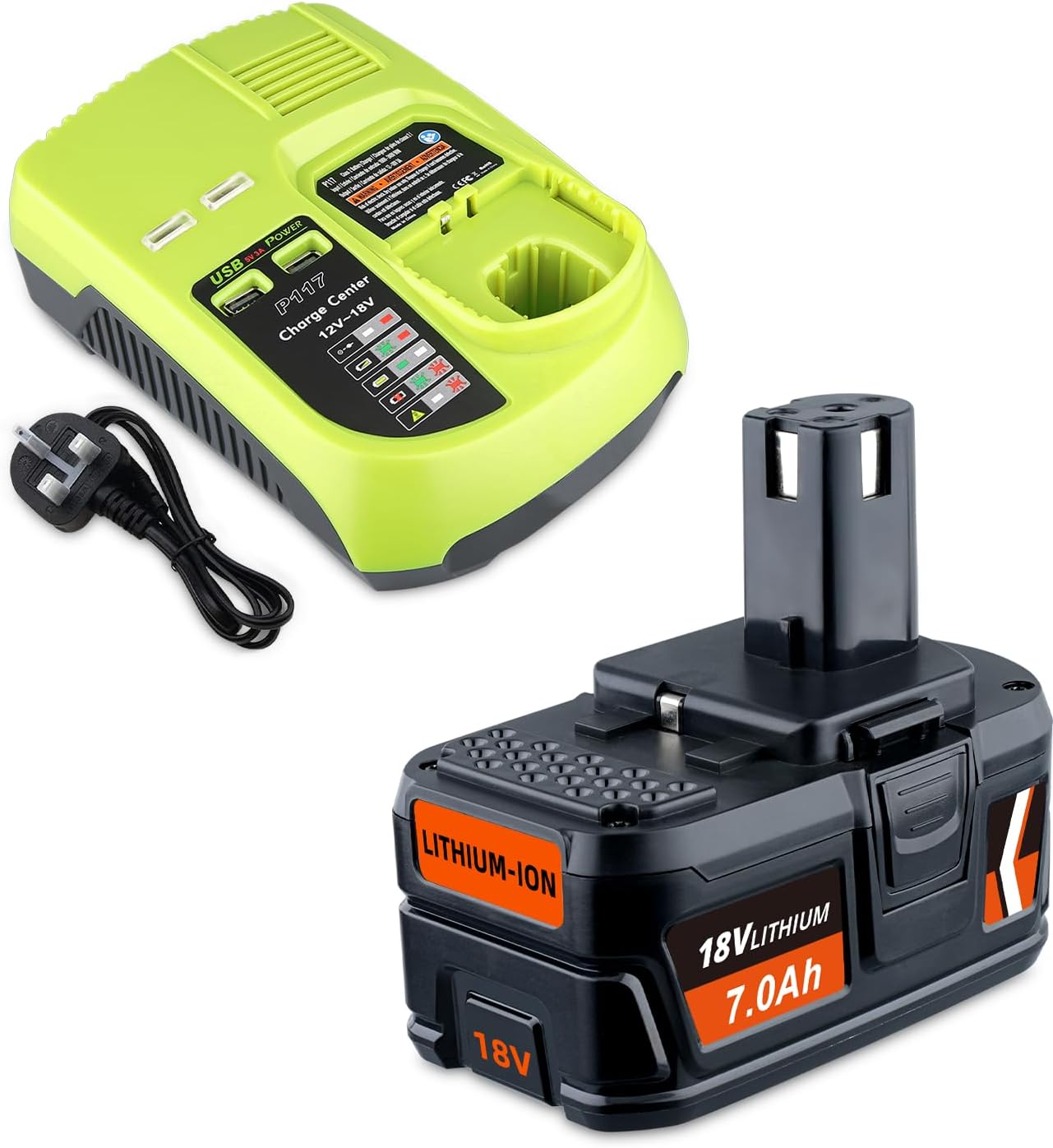 SZYDZS 7.0Ah P108 RB18L50 Li-ion Battery Replacement & P117 3A Charger ...