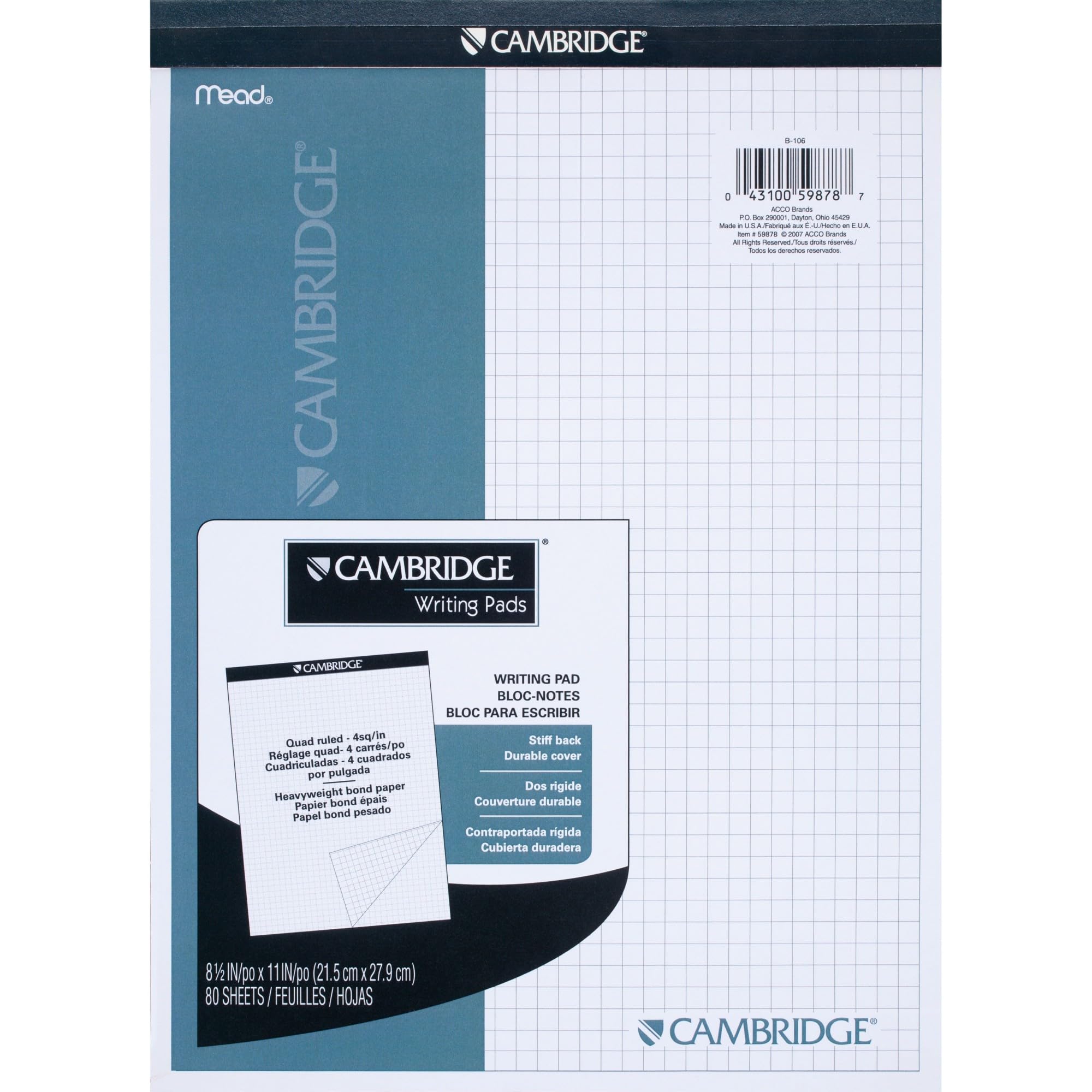 Mead Cambridge Stiff-Back Planning Pad, Quad Ruled, 8.5 x 11 Inch ...