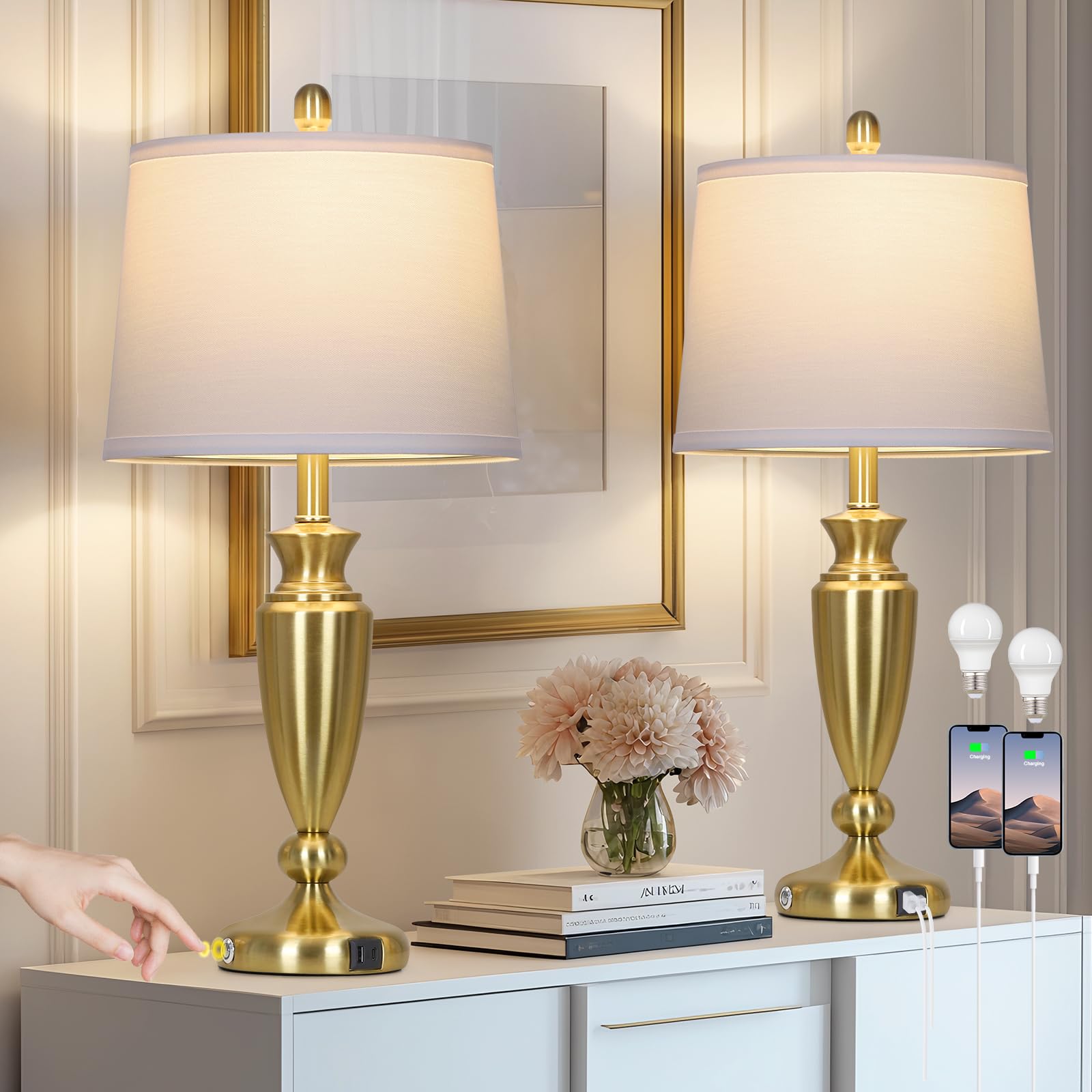 Amazon.com: Rinweey 27'' Gold Table Lamps for Living Room, 3 Way Touch ...