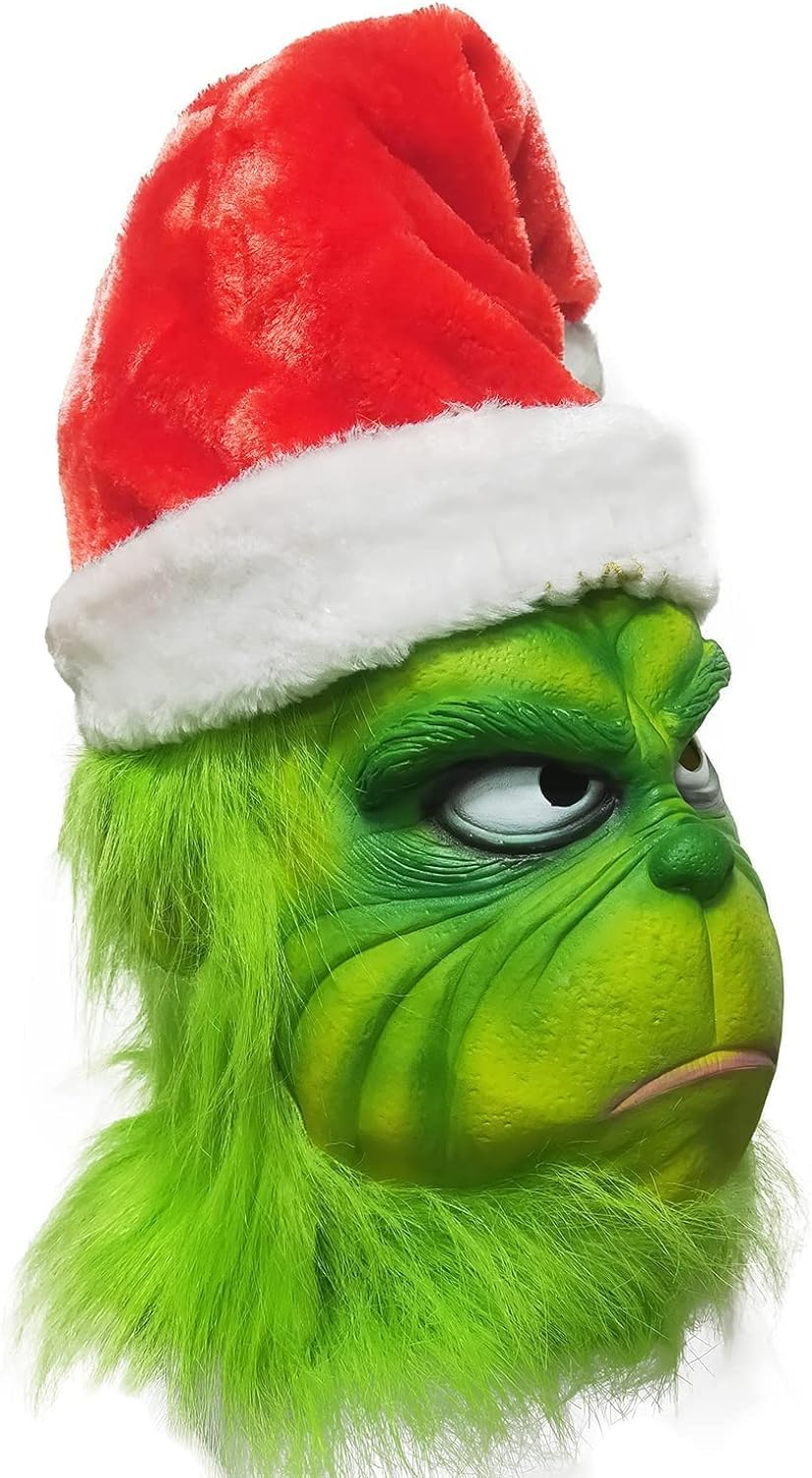 Green Monster Full Head Latex Mask with Red Hat Christmas Deluxe Plush ...
