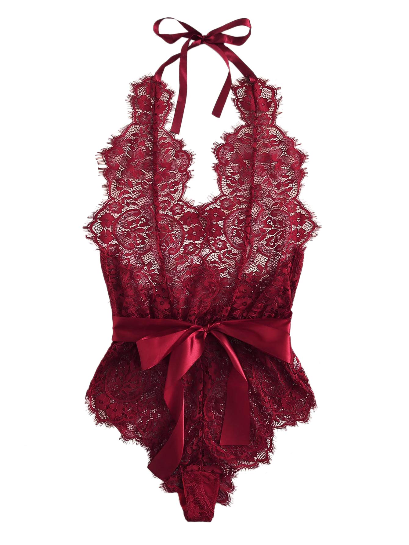 Buy SheInWomen's One Piece Lingerie Sheer Lace Halter Teddy Bodysuit ...