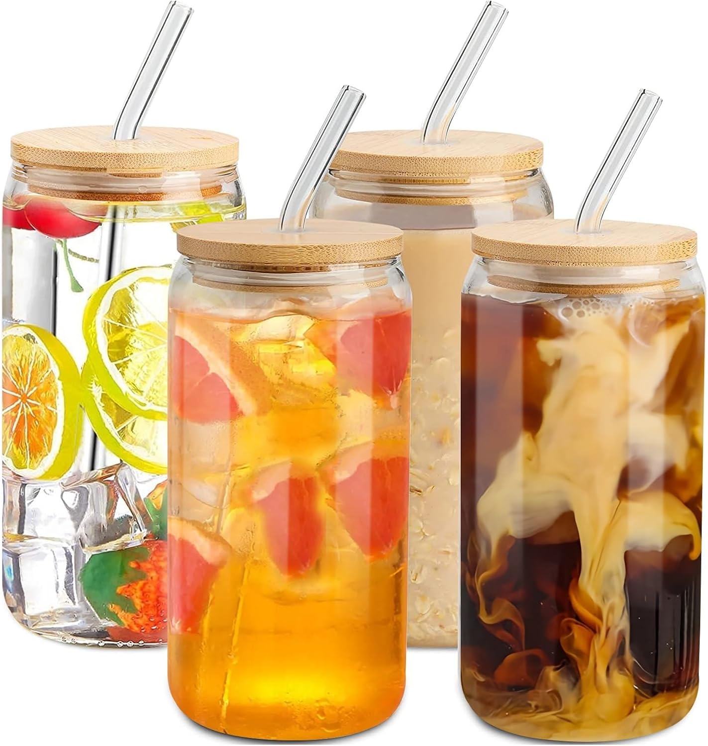 Amazon.com: [ 4 pcs Set ] Glass Cups with Bamboo Lids and Glass Straws ...