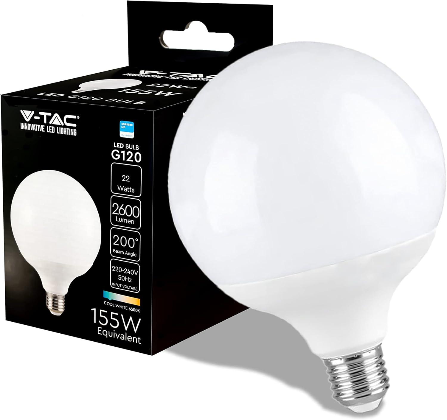V-TAC Lampadina LED Globo con Chip Samsung e Attacco Edison E27, 22W (Equivalenti a 155W) G120 ...