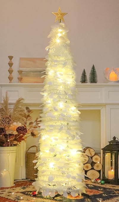 HMASYO 5 FT Pop Up Christmas Tree with Timer Lights, White Christmas ...
