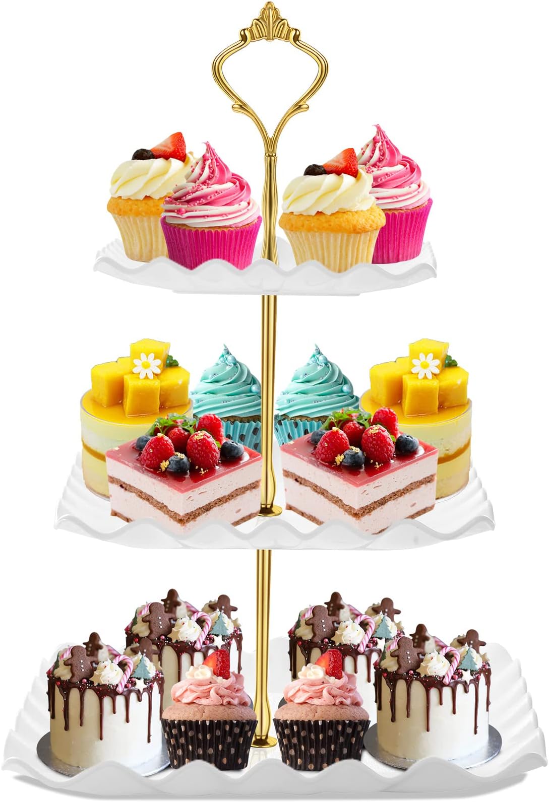 Amazon.com | 2 Set 3-Tier White Dessert Cake Stand, Plastic Pastry ...