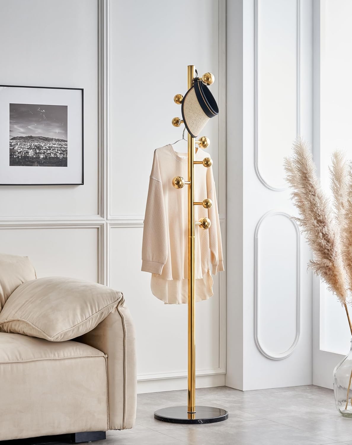 Perchero de acero inoxidable independiente, perchero con base de mármol natural, soporte de ...