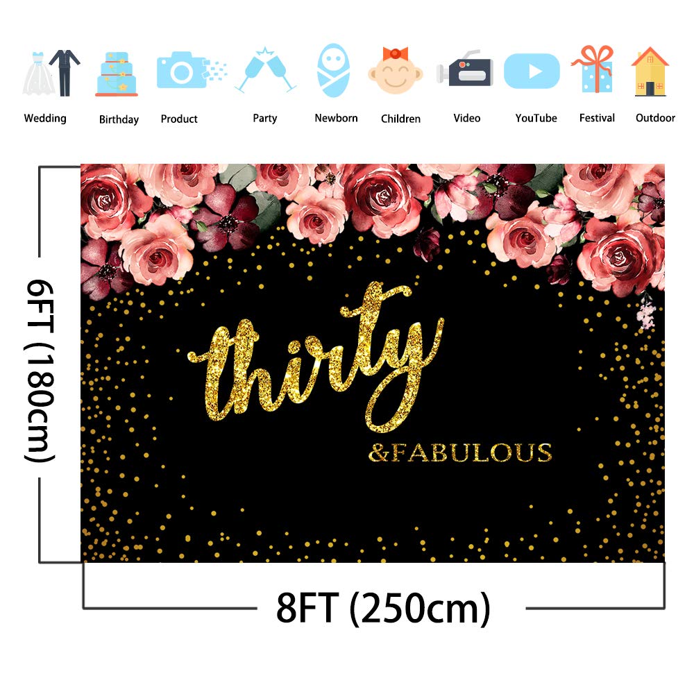 Mehofoto Thirty and Fabulous Backdrop 8x6ft Happy Birthday Red Roses ...