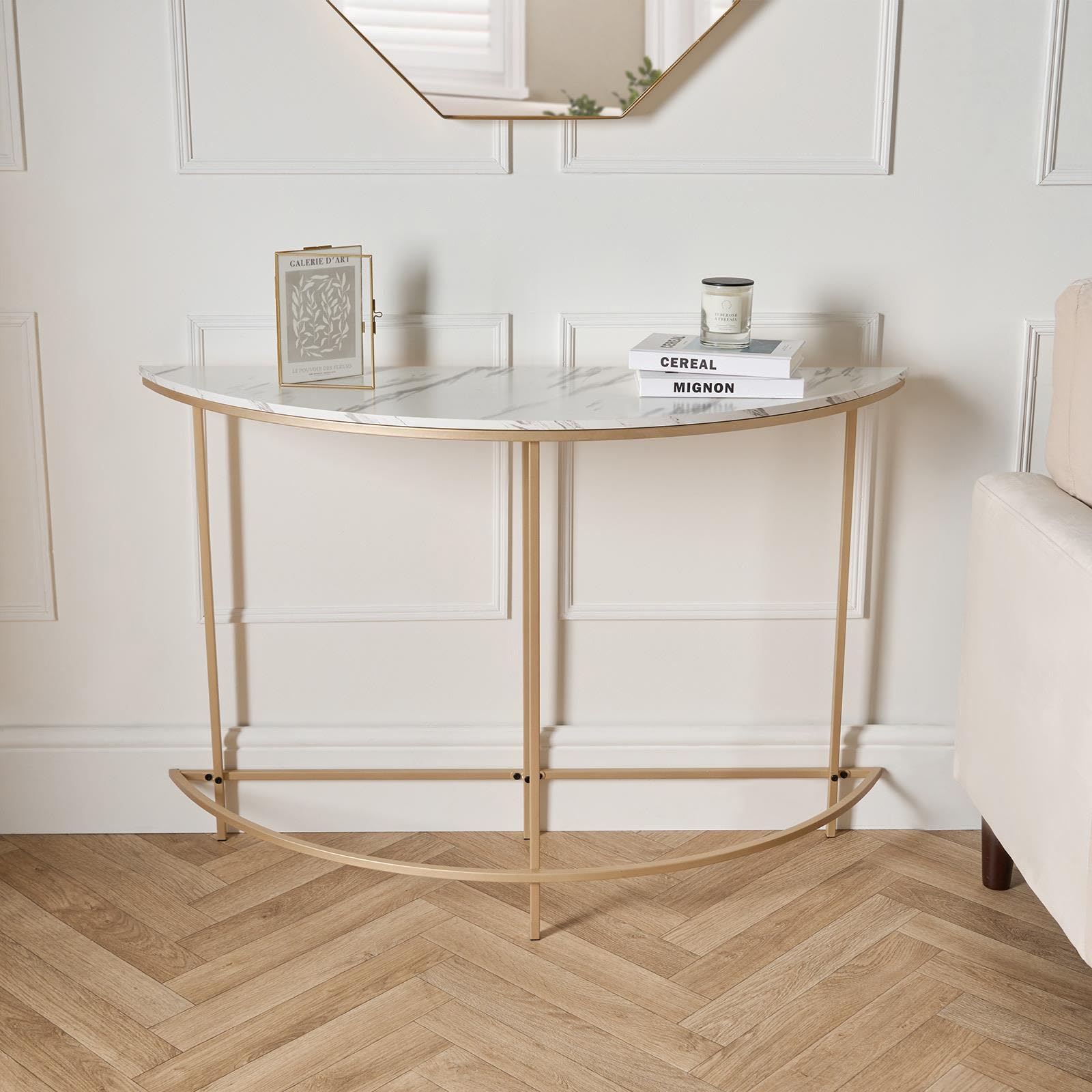 OHS Console Table, Marble Effect Half Moon Console Table Sturdy Metal ...