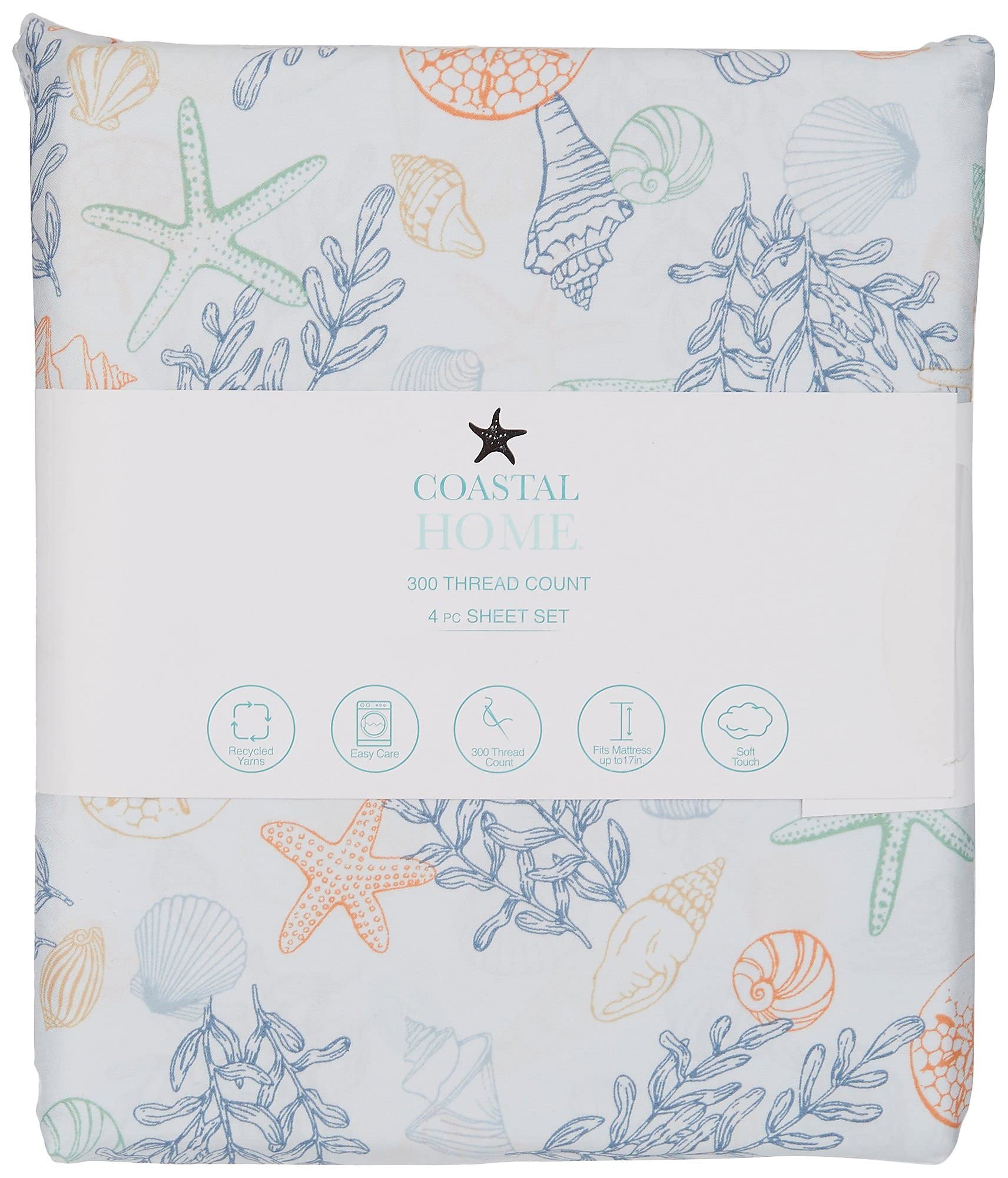 Amazon.com: Coastal Home 4 Pc Seaweed & Shells Sheet Set King Blue ...
