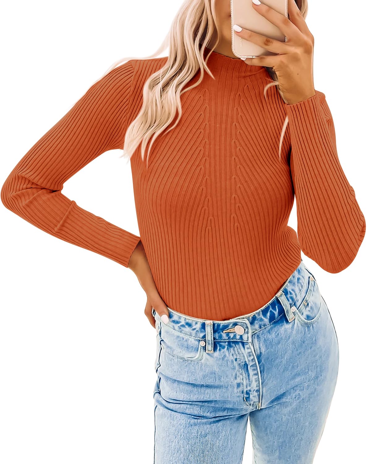 Imily Bela Womens Mock Neck Fitted Sweaters Ribbed Knit Long Sleeve ...
