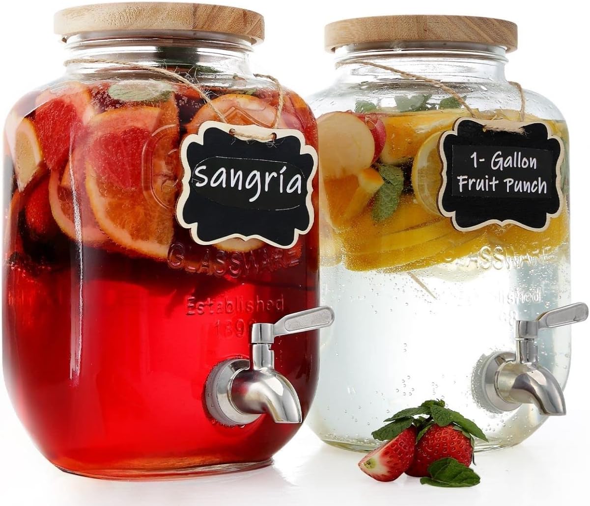 Amazon.com: 1-Gallon Glass Drink Dispenser for Parties, with Wooden Lid ...