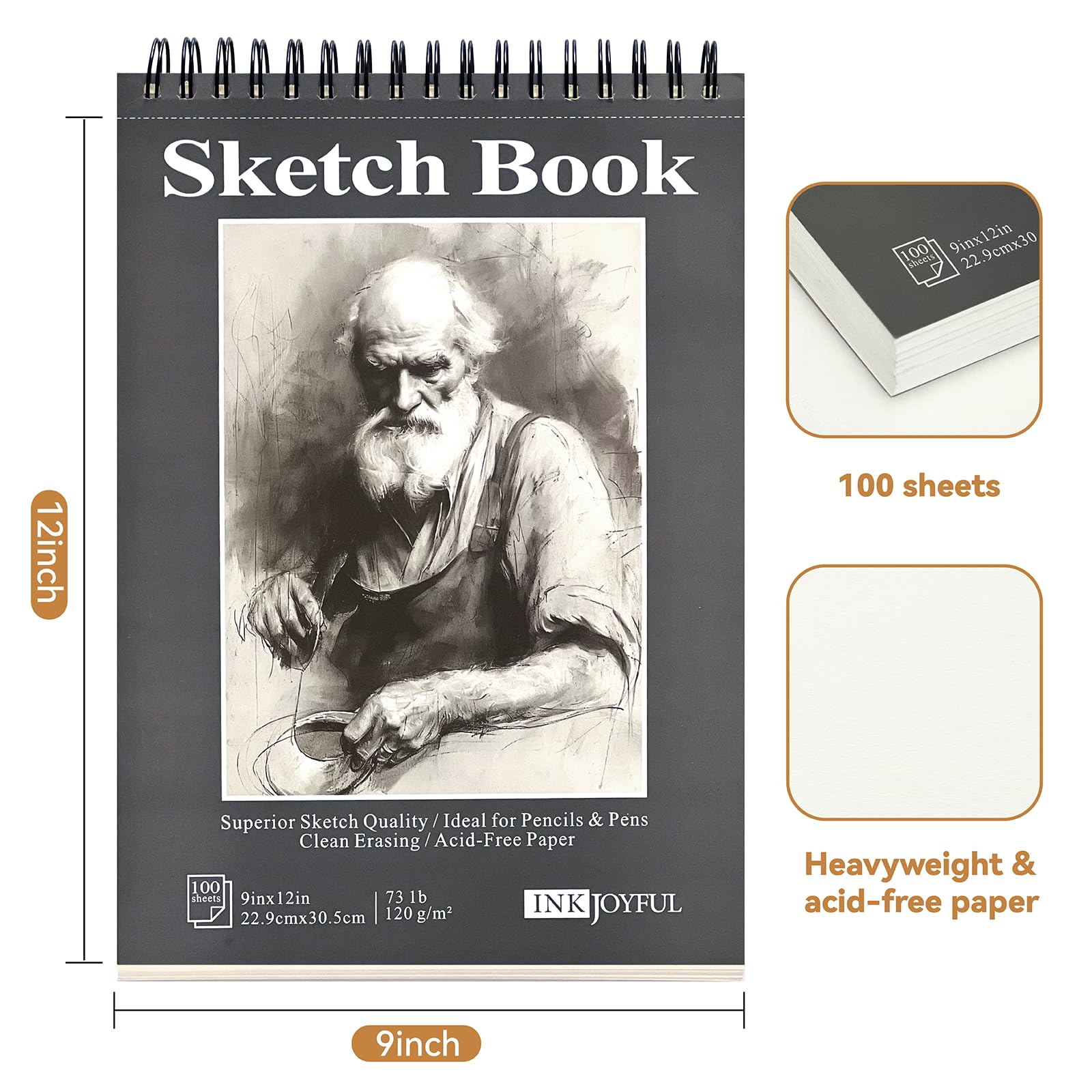 Snapklik.com : InkJoyful Premium 120gsm Sketch Book - 9""x12"" Spiral ...