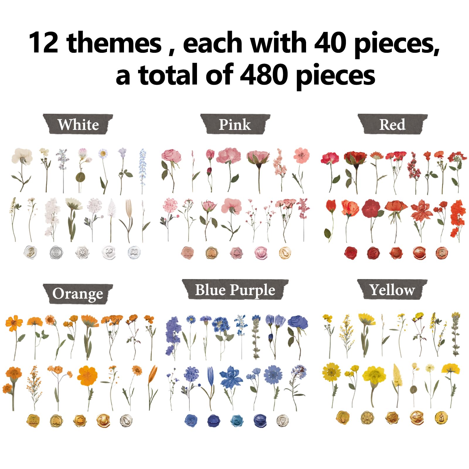 Snapklik.com : NESSCCI Pressed Flower Themed Stickers - Assorted 480 Pieces