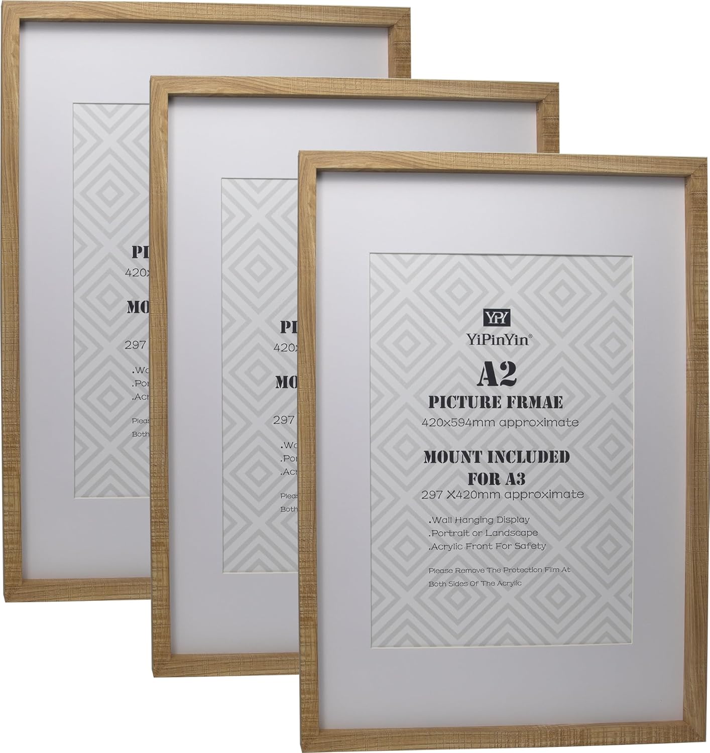 Natural Wood Effect A2(42x59.4cm) Boxed Picture Frames Set of 3 with ...