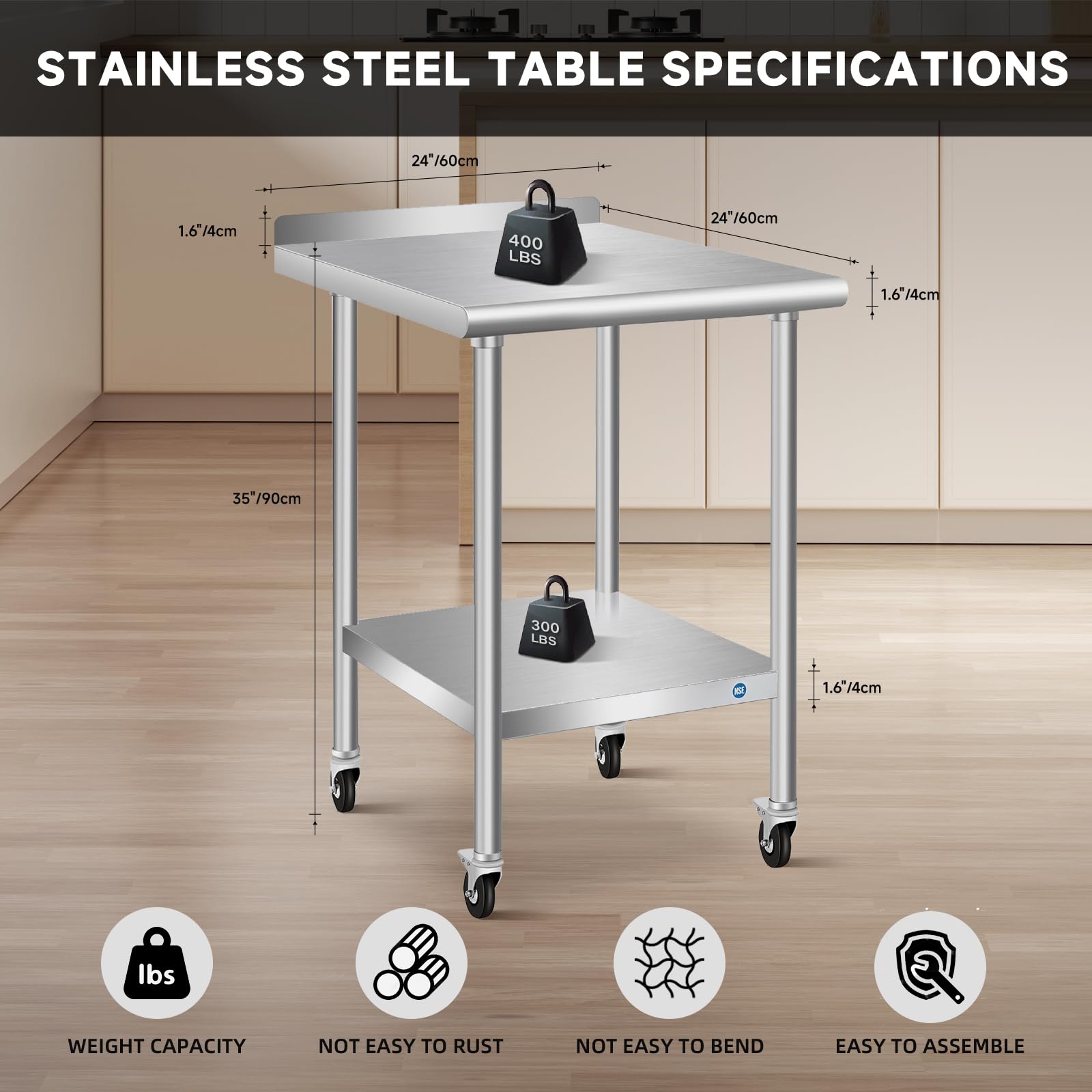 Prep Tables With Wheels Table 24 X 72 24" X 72" NSF Stainless Steel
