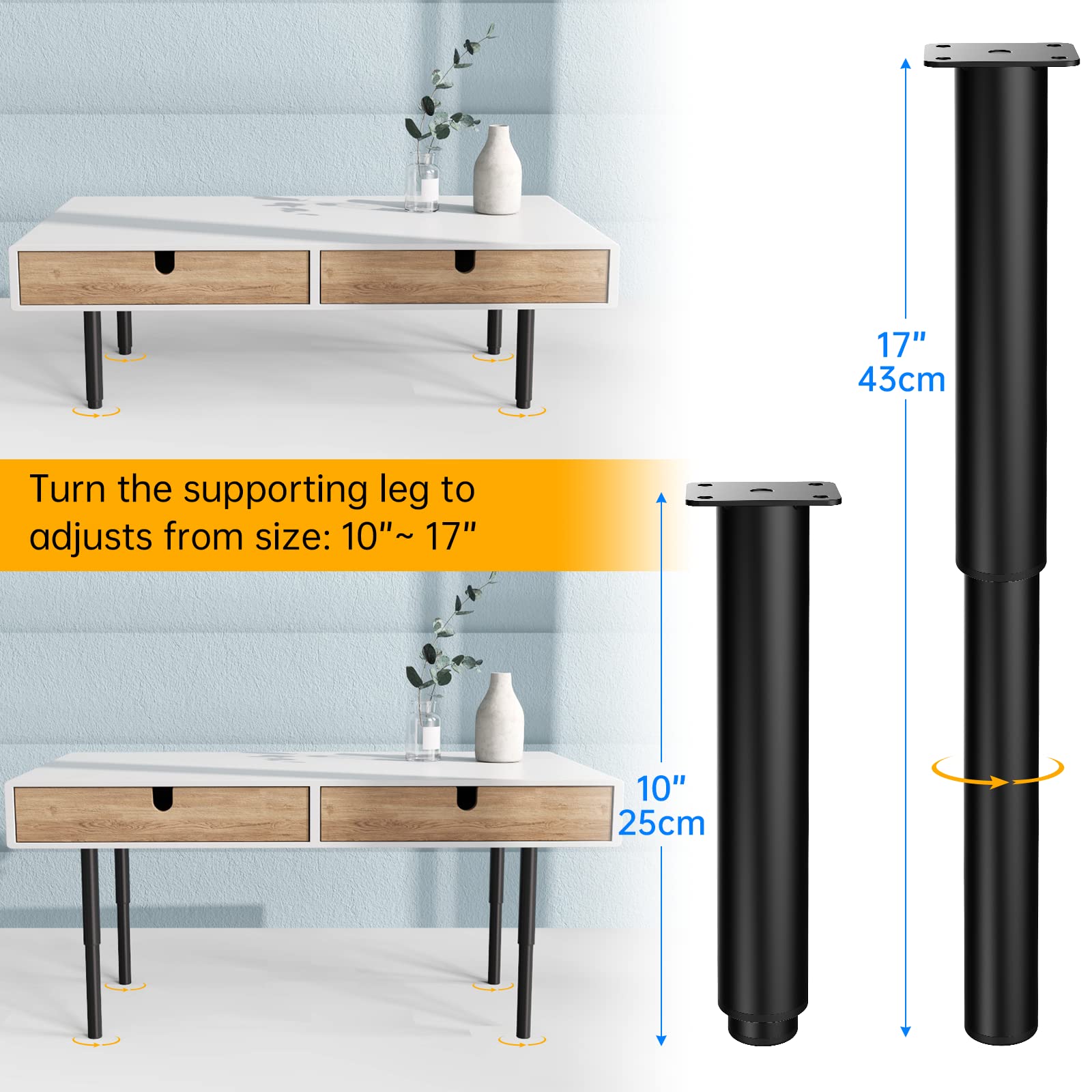 Snapklik.com : Appacare 4 PCS Adjustable Furniture Legs,10"-17 ...