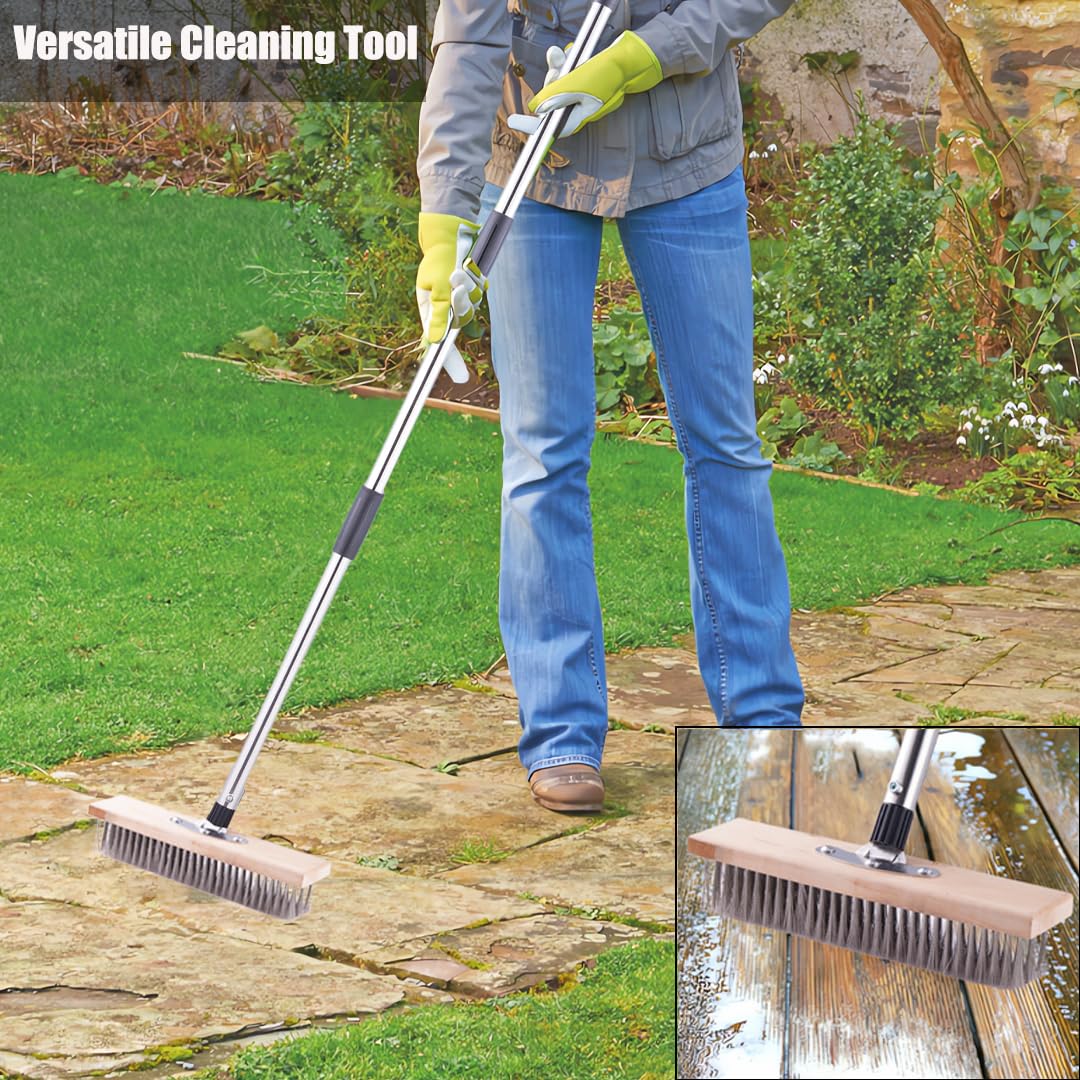 Wire Broom Deck Scrub Brush with 60″ Long Handle, Stainless Steel Stiff ...