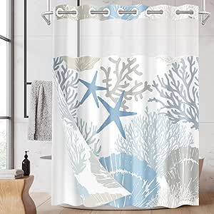 Amazon.com: Nesphy No Hook Nautical Coastal Shower Curtain with Snap in Fabric Liner Set ...