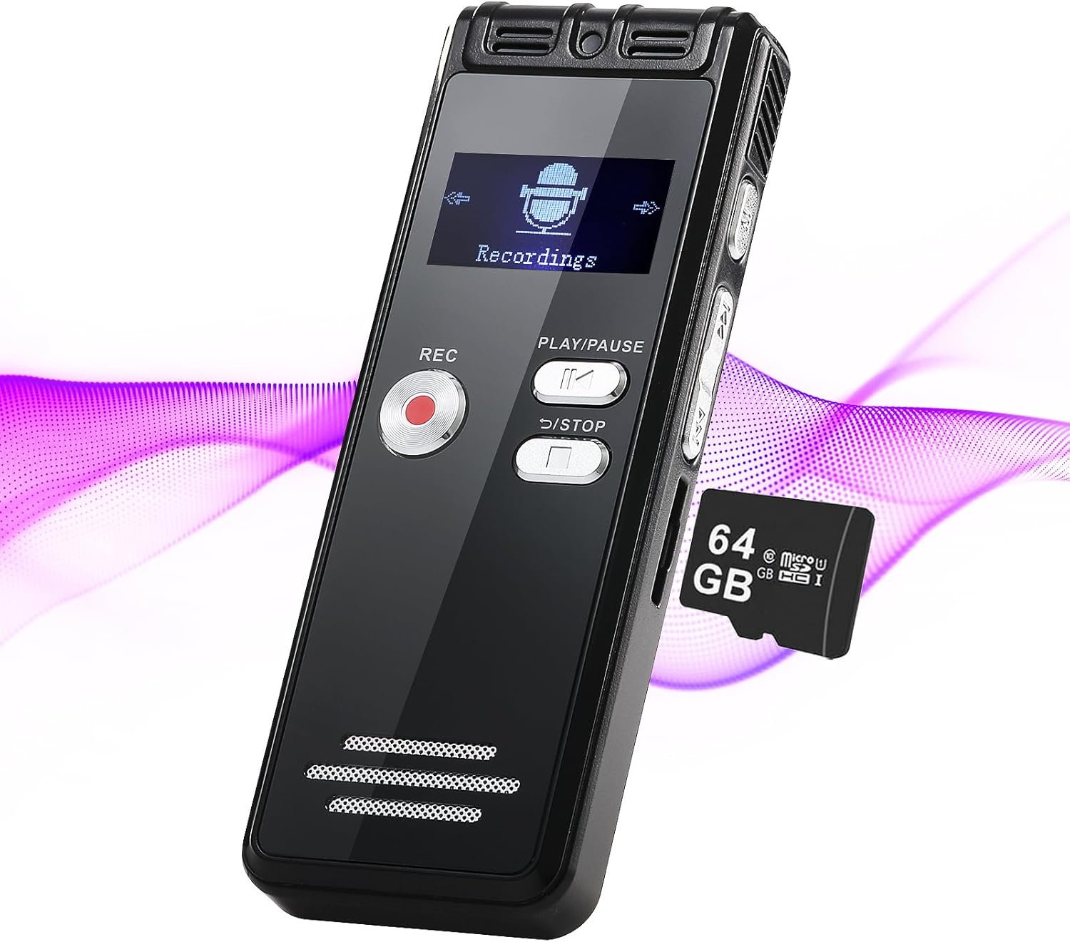 64GB Digital Voice Activated Recorder with Playback- 3072Kpbs HD Dual ...