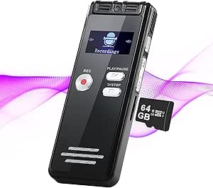 64GB Digital Voice Activated Recorder with Playback- 3072Kpbs HD Dual ...