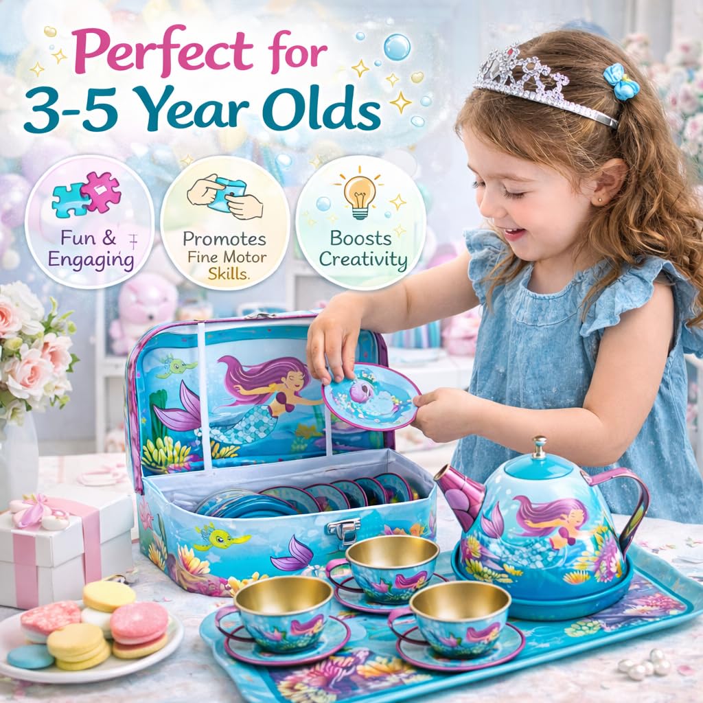 Snapklik.com : 15 Piece Mermaid Tea Party Set For Little Girls, Pretend ...