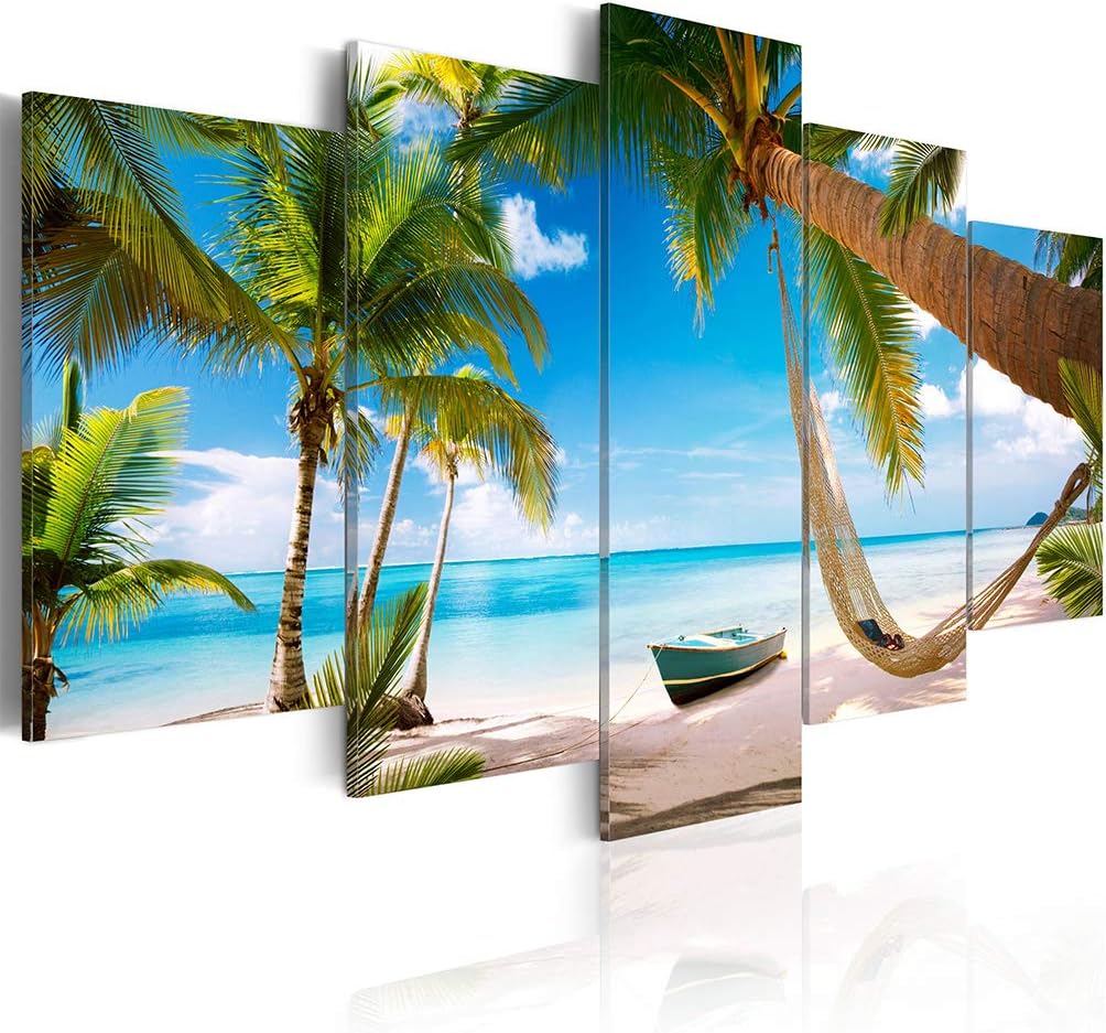 Amazon.de: decomonkey Bilder Strand Palmen 200x100 cm 5 Teilig Leinwandbilder Bild auf Leinwand ...
