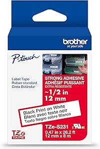 Brother Genuine TZe-S231 Black on White Laminated Tape for TZe-Compatible P-Touch Label Makers ...