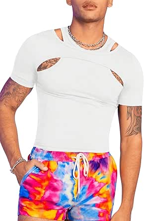 WDIRARA Men's Cut Out Crop Tank Top Round Neck Short Sleeve Slim Fit ...