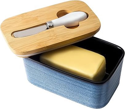 Amazon.com | Hasense Porcelain Butter Dish with Bamboo Lid - Covered Butter Keeper with Butter ...